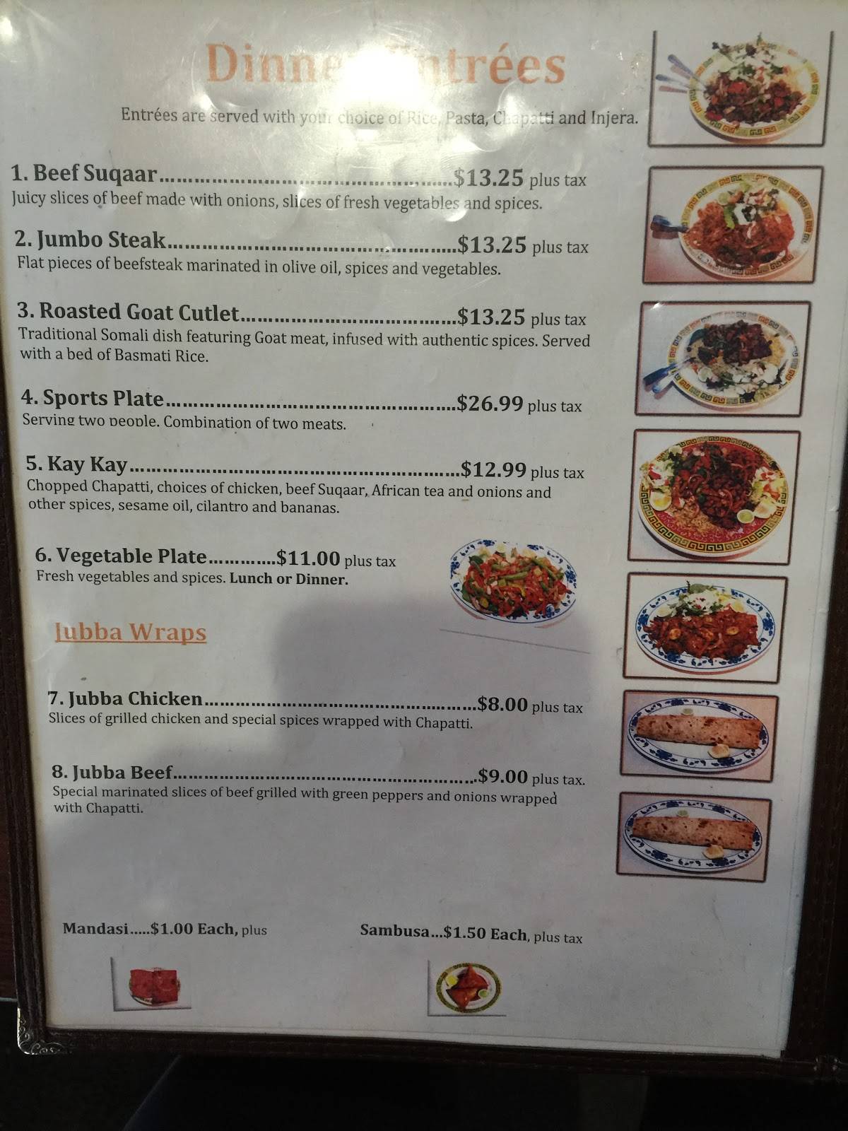 Menu at Jubba Somali Restaurant, San Jose