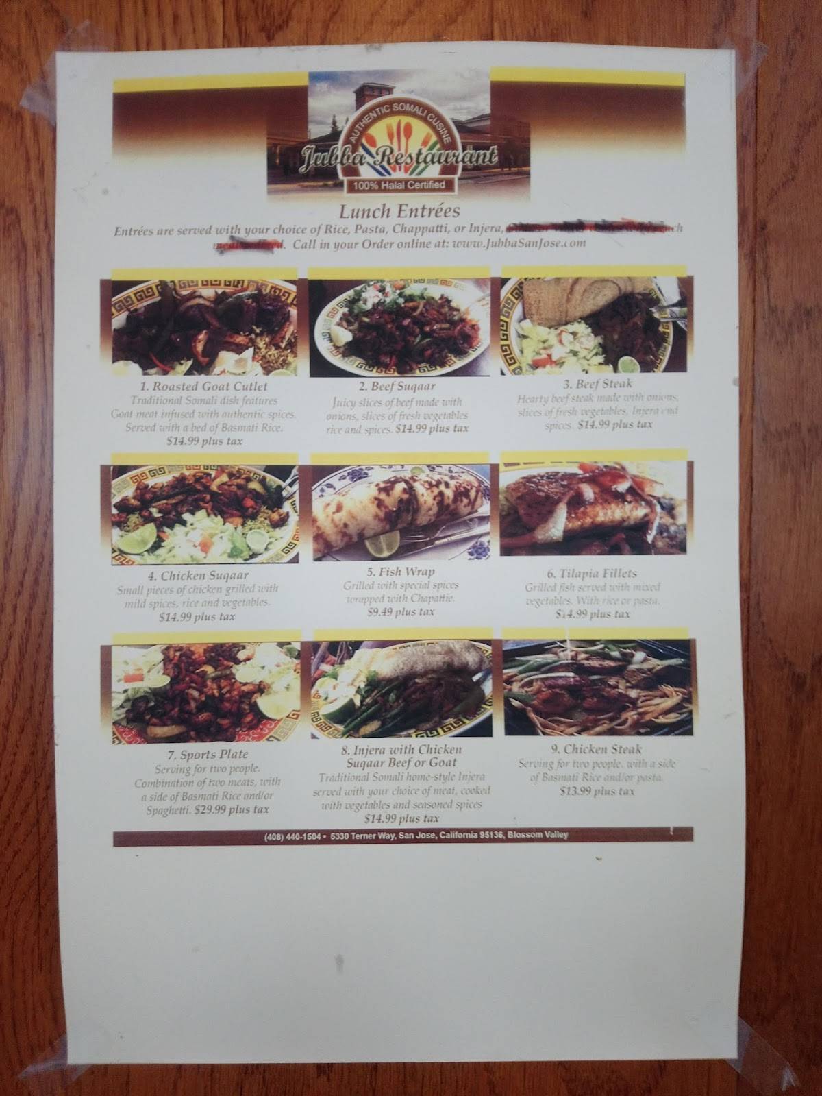 Menu at Jubba Somali Restaurant, San Jose