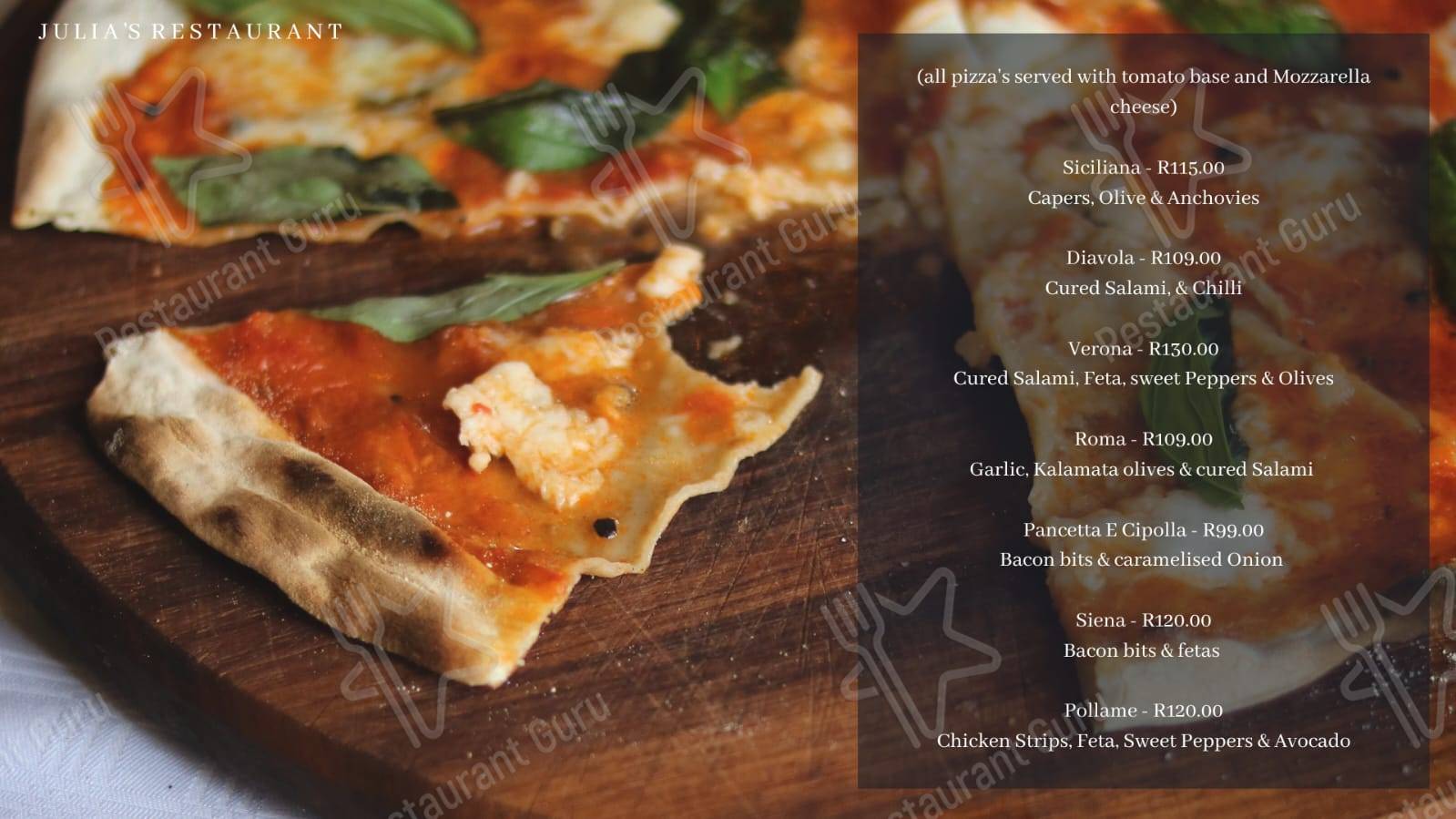 Menu at Julia's Eatalian Restaurant, Potchefstroom