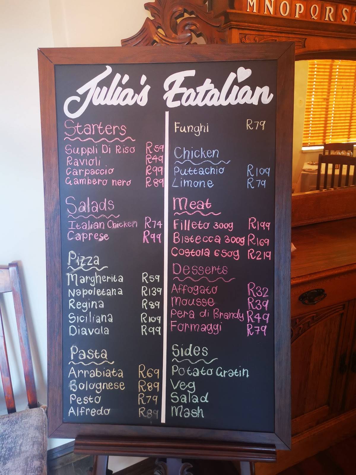 Menu at Julia's Eatalian Restaurant, Potchefstroom
