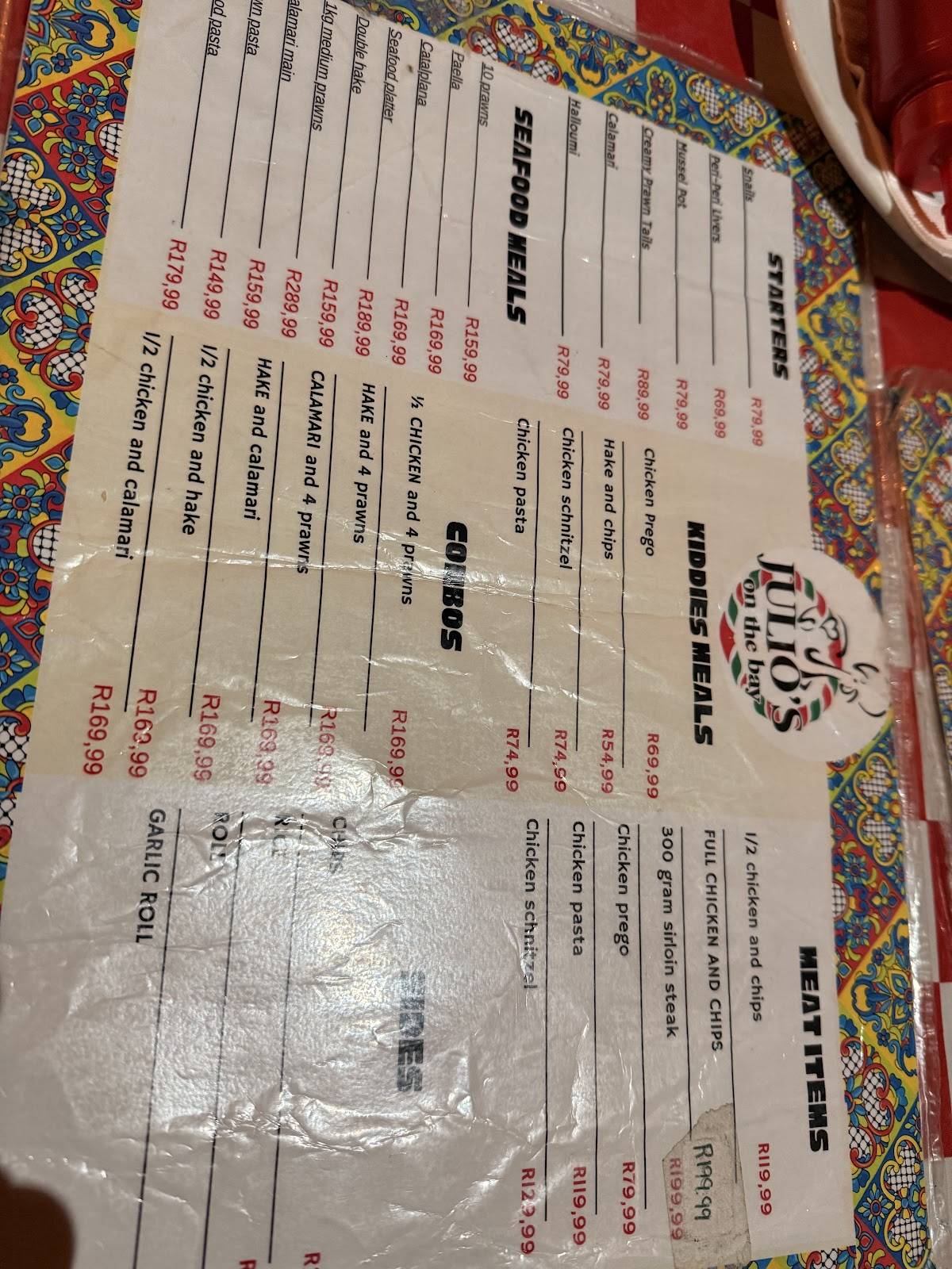 Menu at Julio's on the Bay restaurant, Durban, Wilson’s Wharf