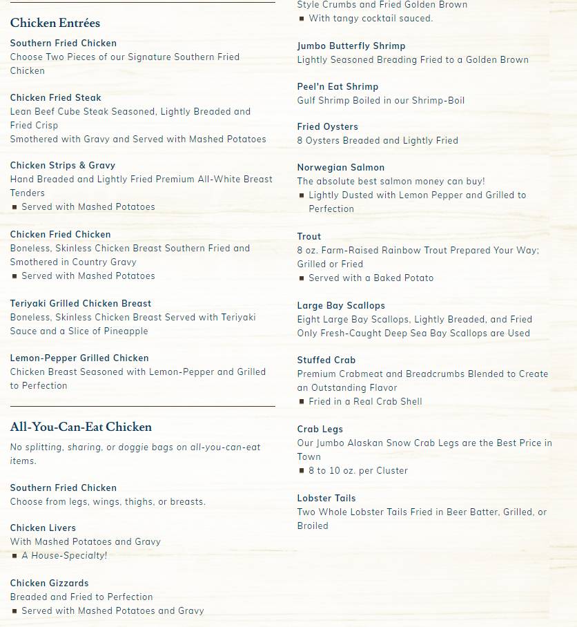 Menu at Jumpin' Catfish Restaurant, Lee's Summit, 834 SW Blue Pkwy