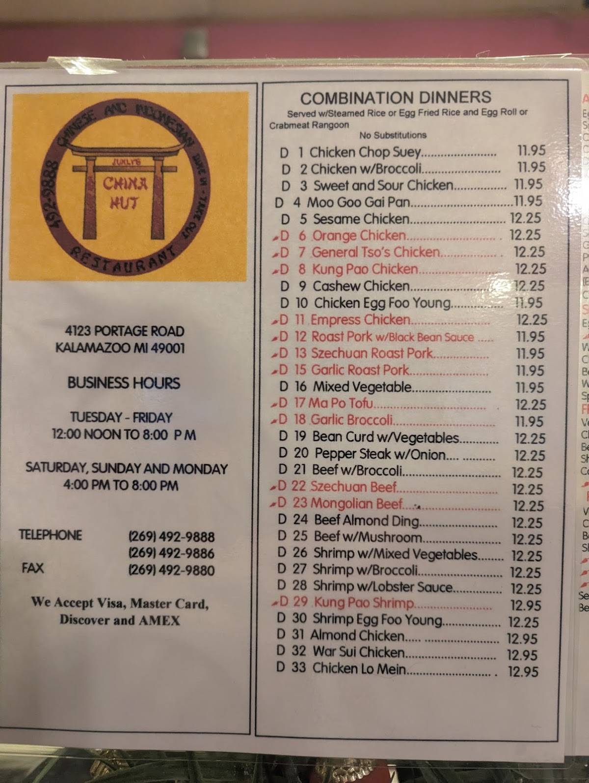 Menu at Junly’s China Hut restaurant, Kalamazoo
