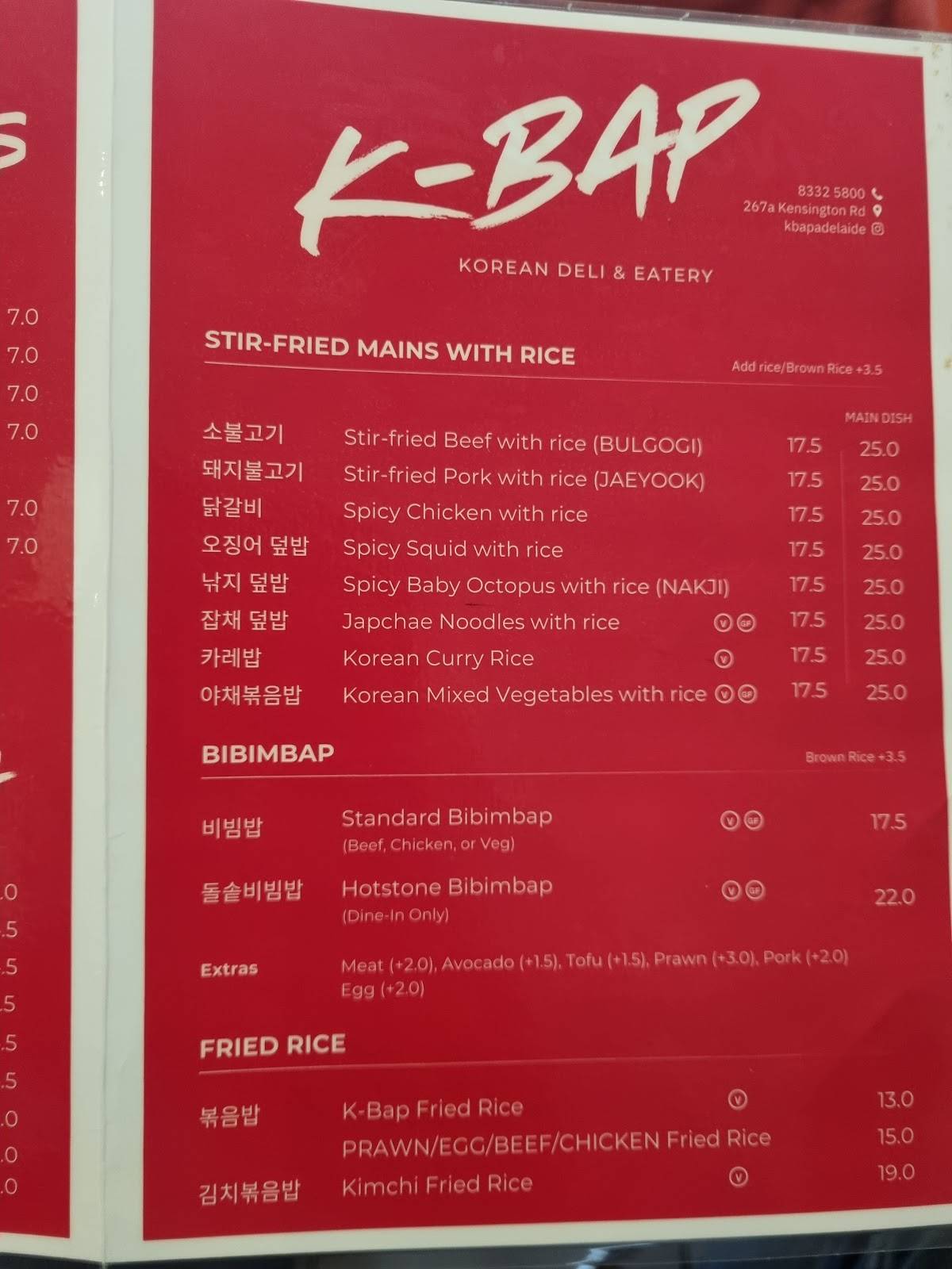 Menu at K- BAP Korean Food restaurant, Kensington Park