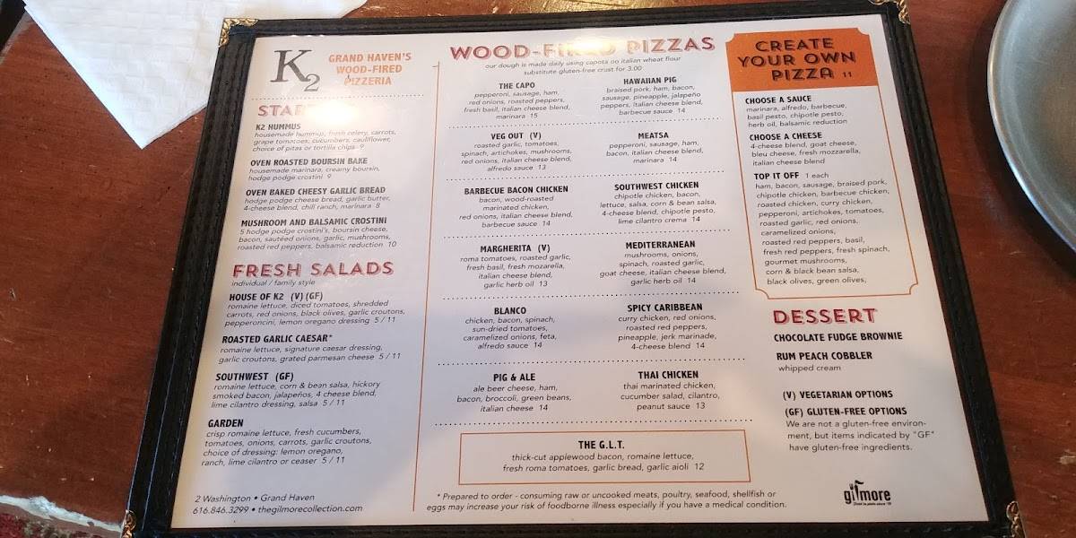 Menu at K2 Pizzeria, Grand Haven, 2 Washington Ave