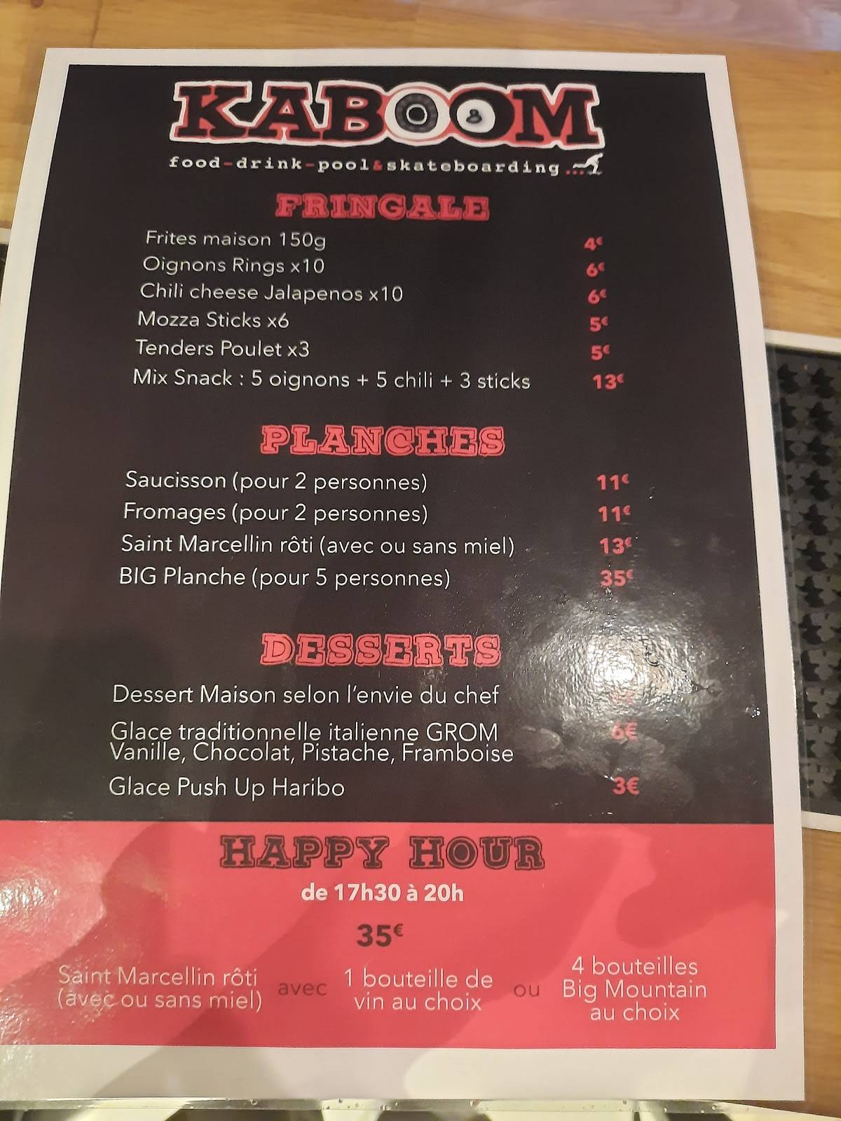 Menu au KABOOM PUB, Neydens