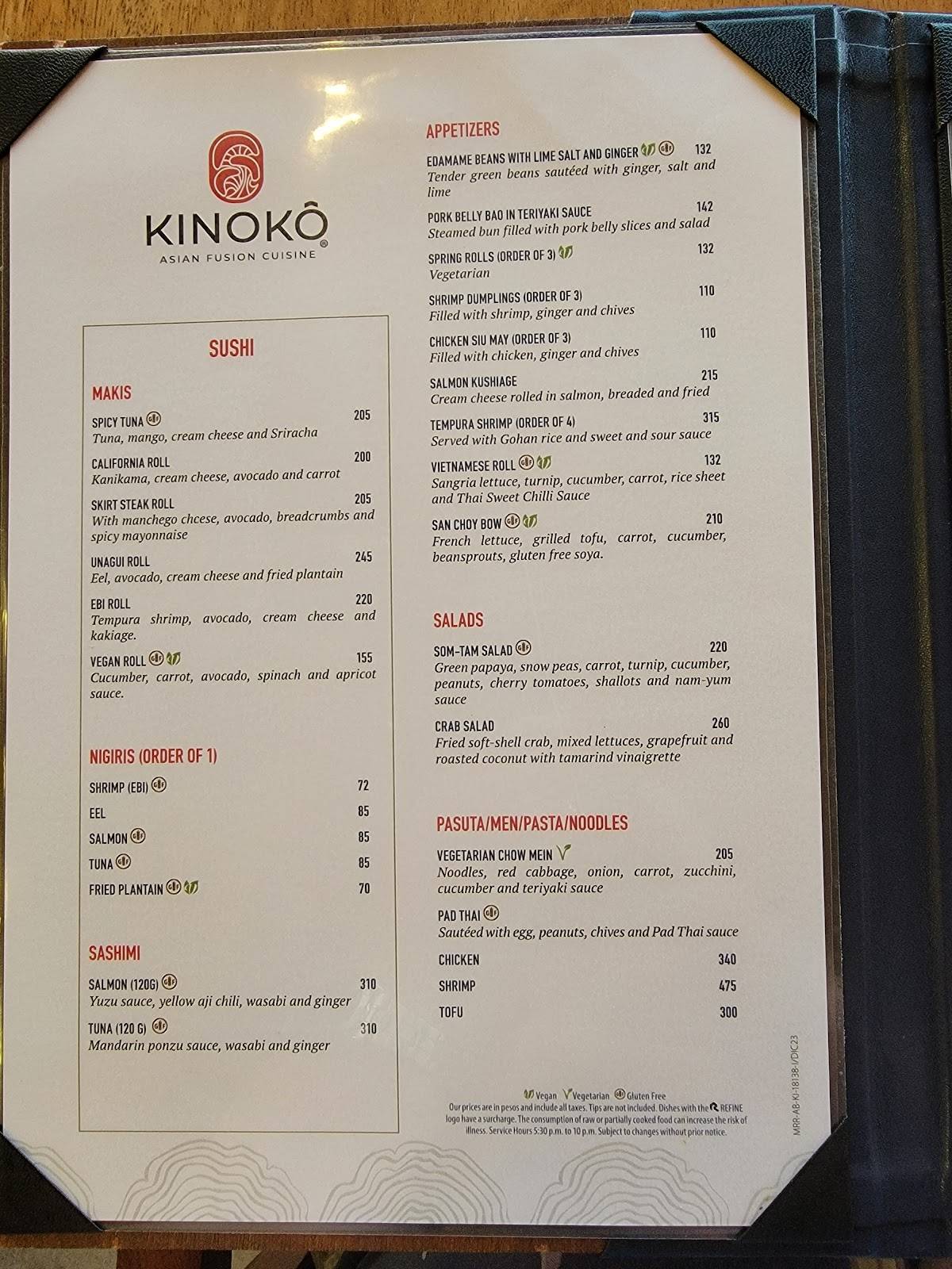Menu at KINOKO restaurant, Playa del Carmen, The Royal Haciendas Corasol