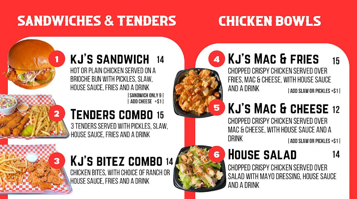Menu at KJ’s Hot Chicken restaurant, Porterville