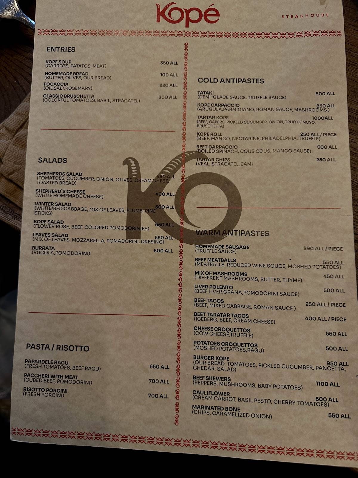 Menu at KOPE Steak House restaurant, Tirana