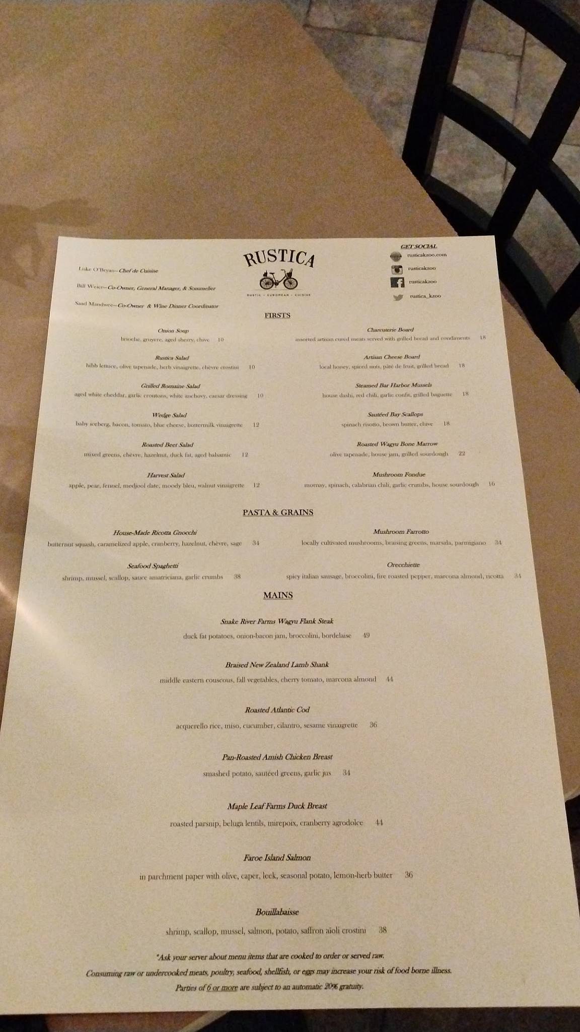 Menu at Rustica restaurant, Kalamazoo