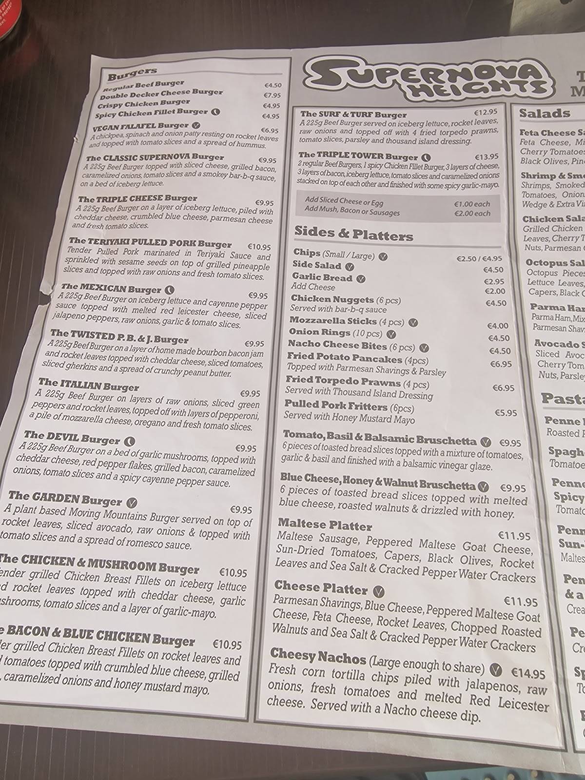 Menu at Supernova Heights restaurant, Kalkara