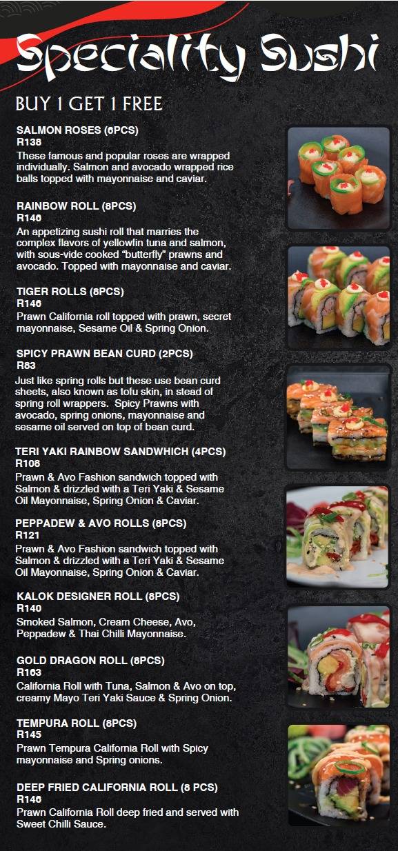 Menu at Kalok Sushi & Chinese Take Aways restaurant, Cape Town, Verdi Blvd