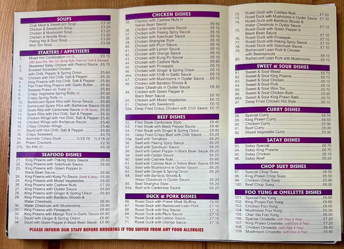 Menu at Kamfai fast food, Alsager