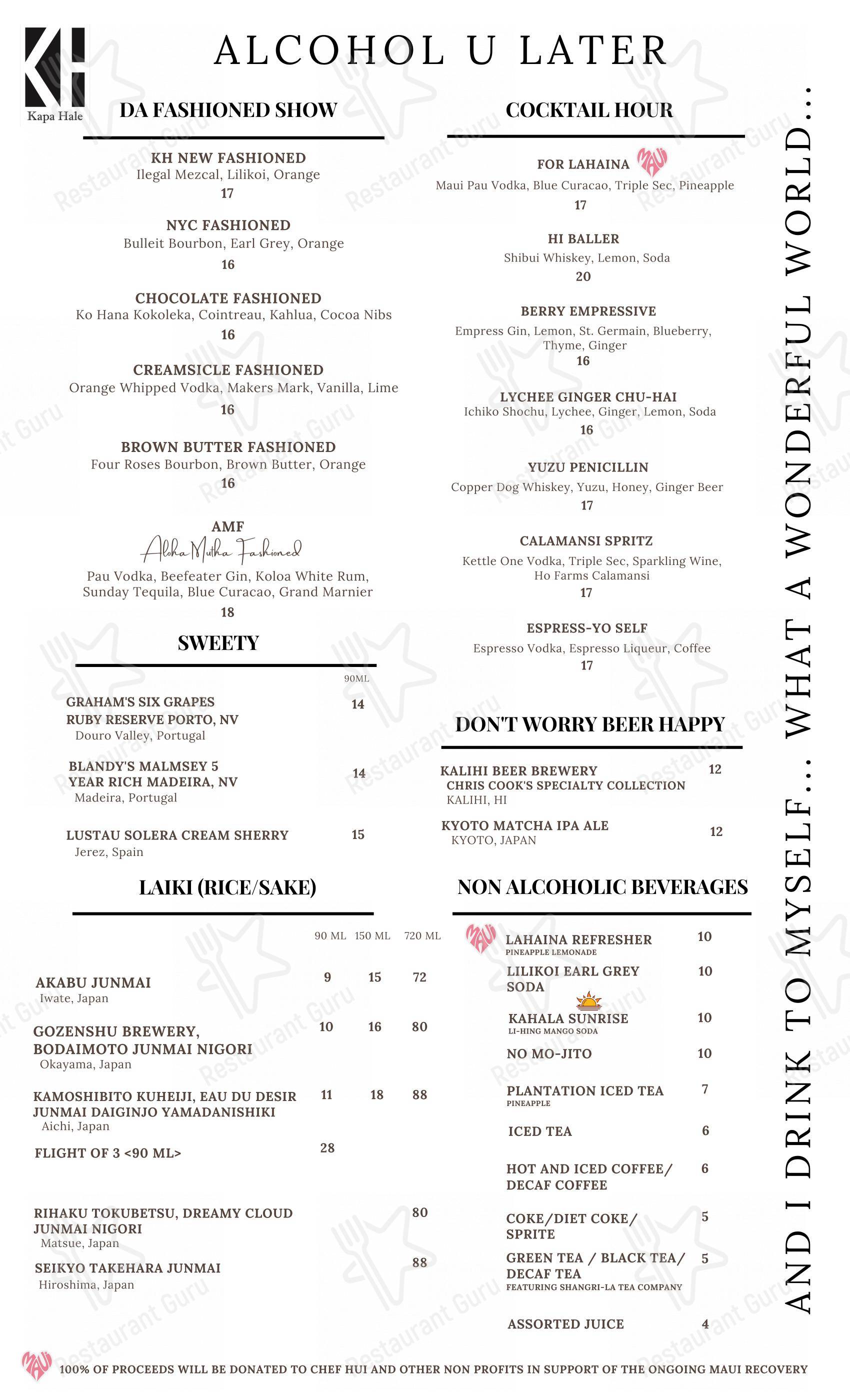 Menu at Kapa Hale restaurant, Honolulu