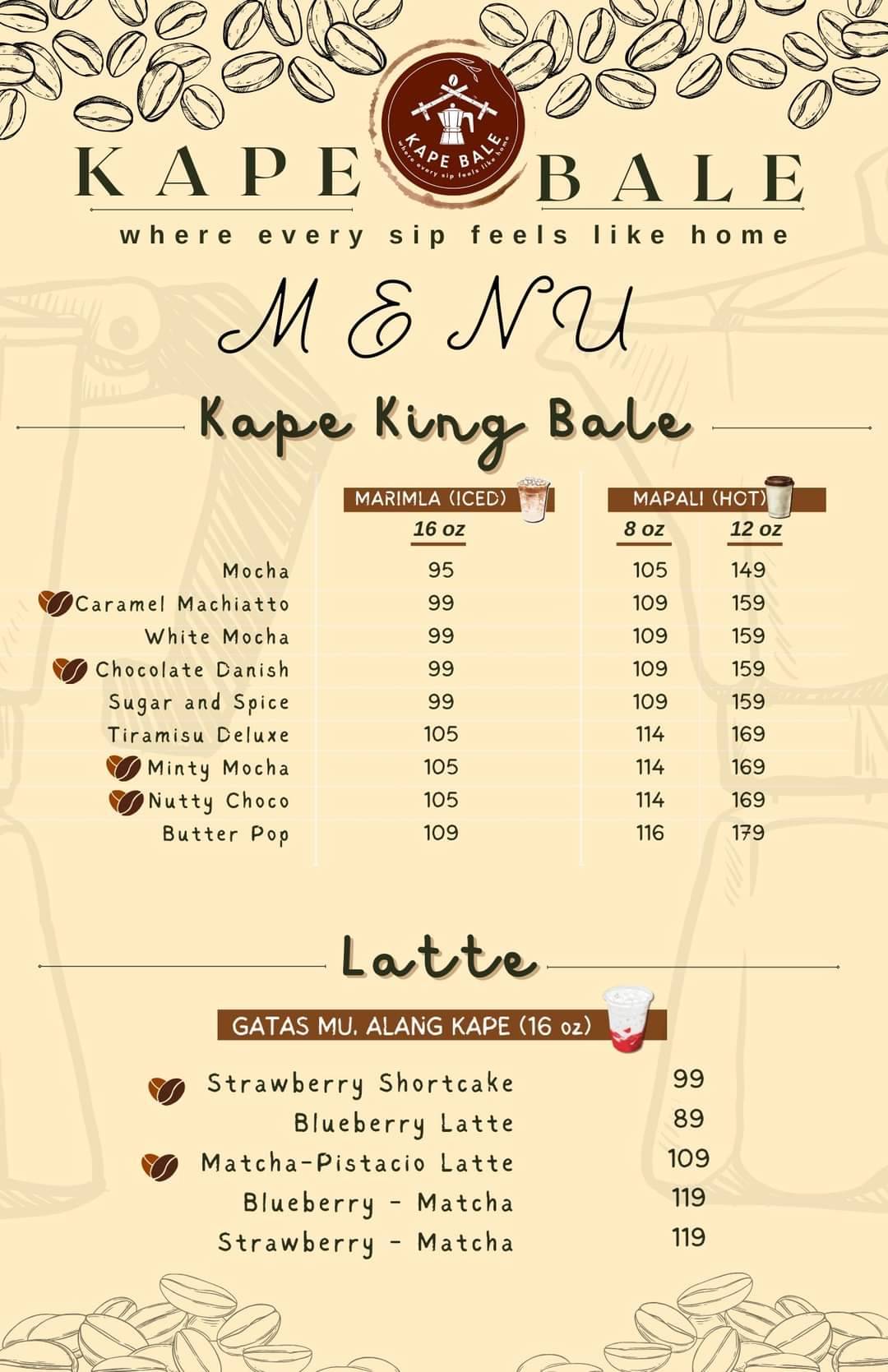 Menu at Kape. Bale - Kapehan King Capas cafe, Capas