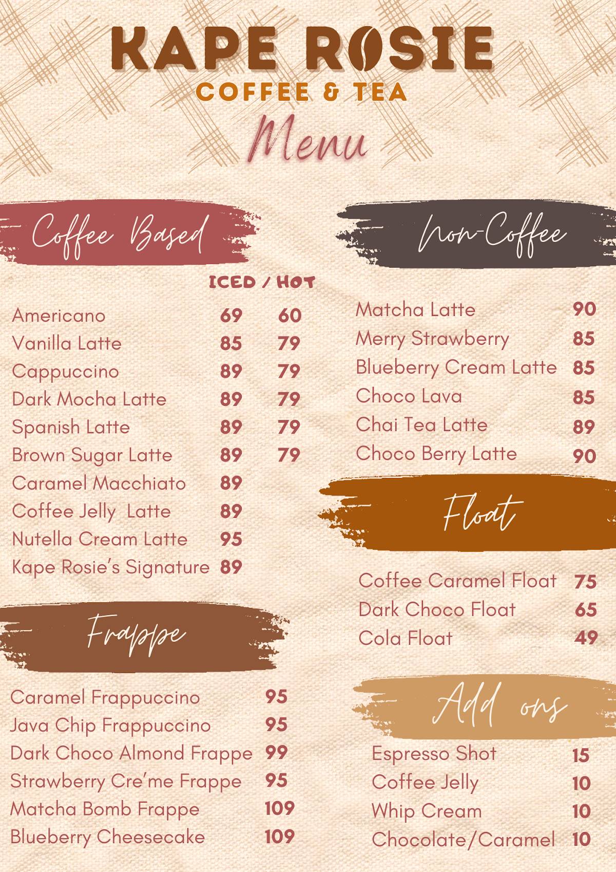 Menu at Kape Rosie, Science City of Muñoz