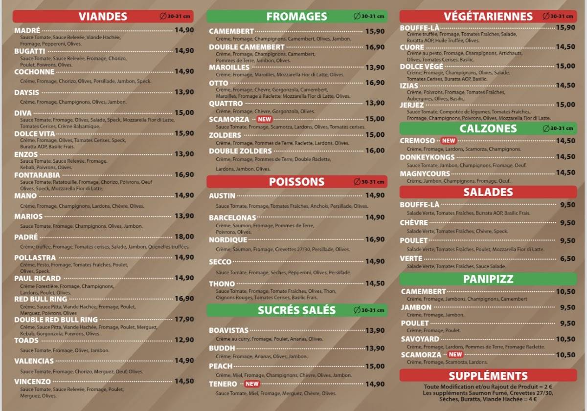 Menu au Kart Pizza pizzeria, Le Teich