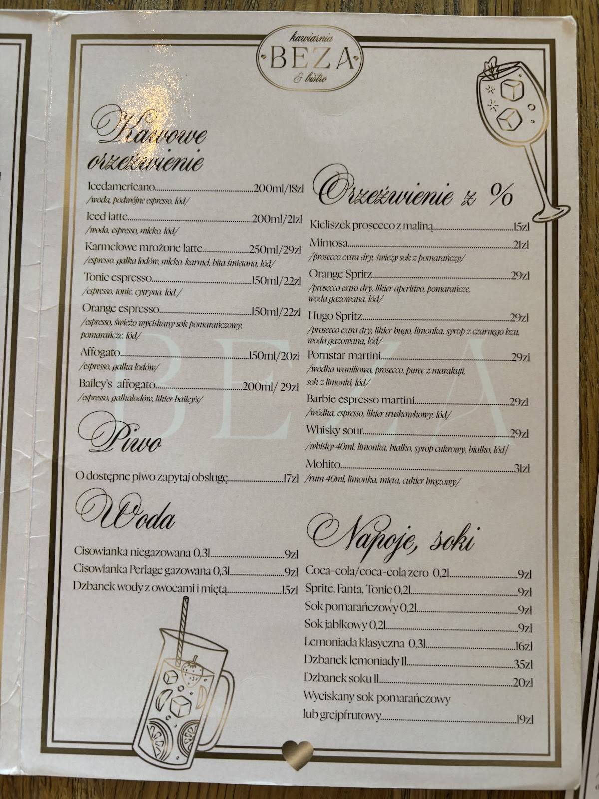 Menu at Kawiarnia Beza cafe, Torun, Jagiellońska 16