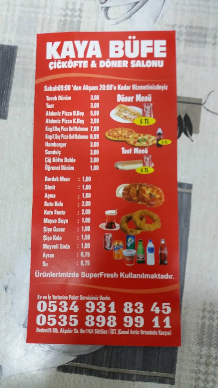 Menu at Kaya Büfe, Turkey, Akşehir Caddesi 14/A