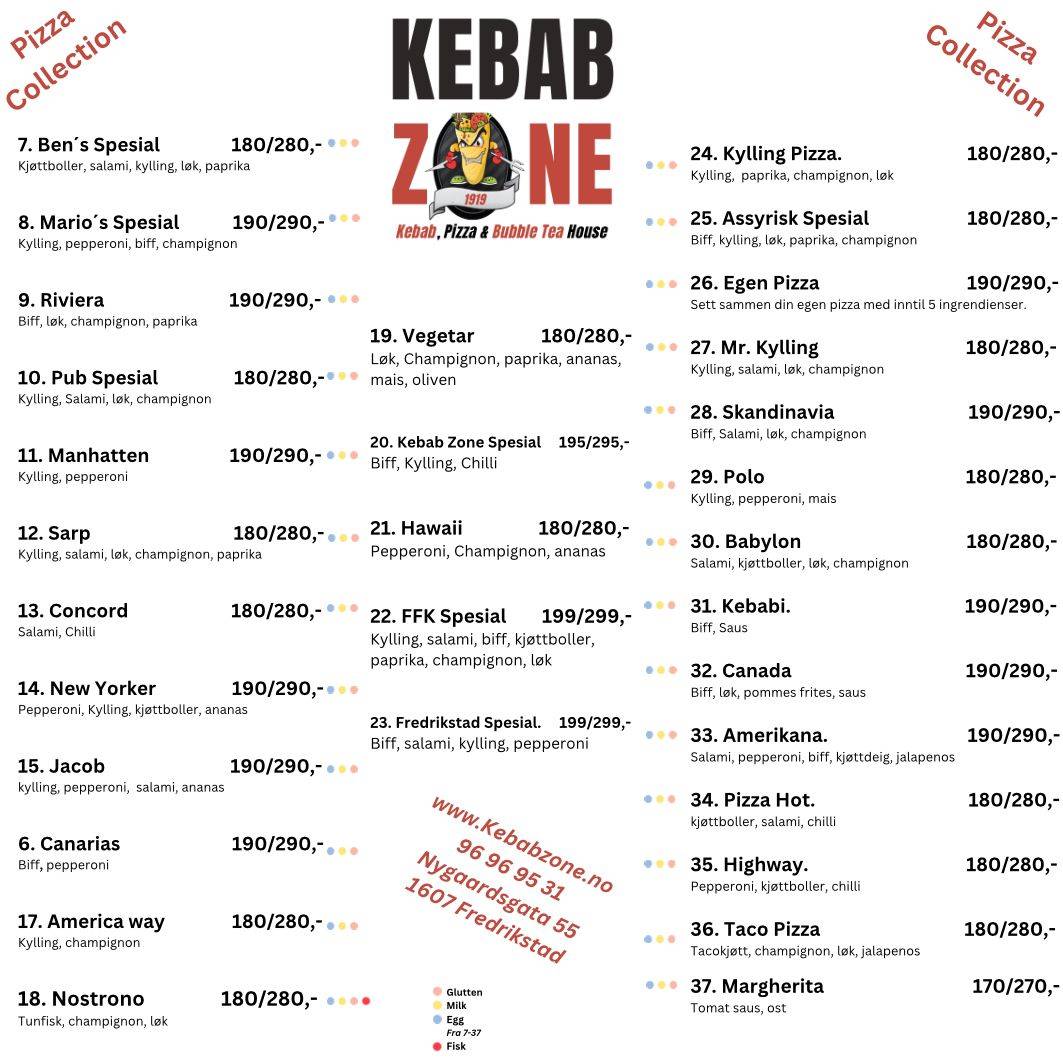Menu at Kebab Zone restaurant, Fredrikstad