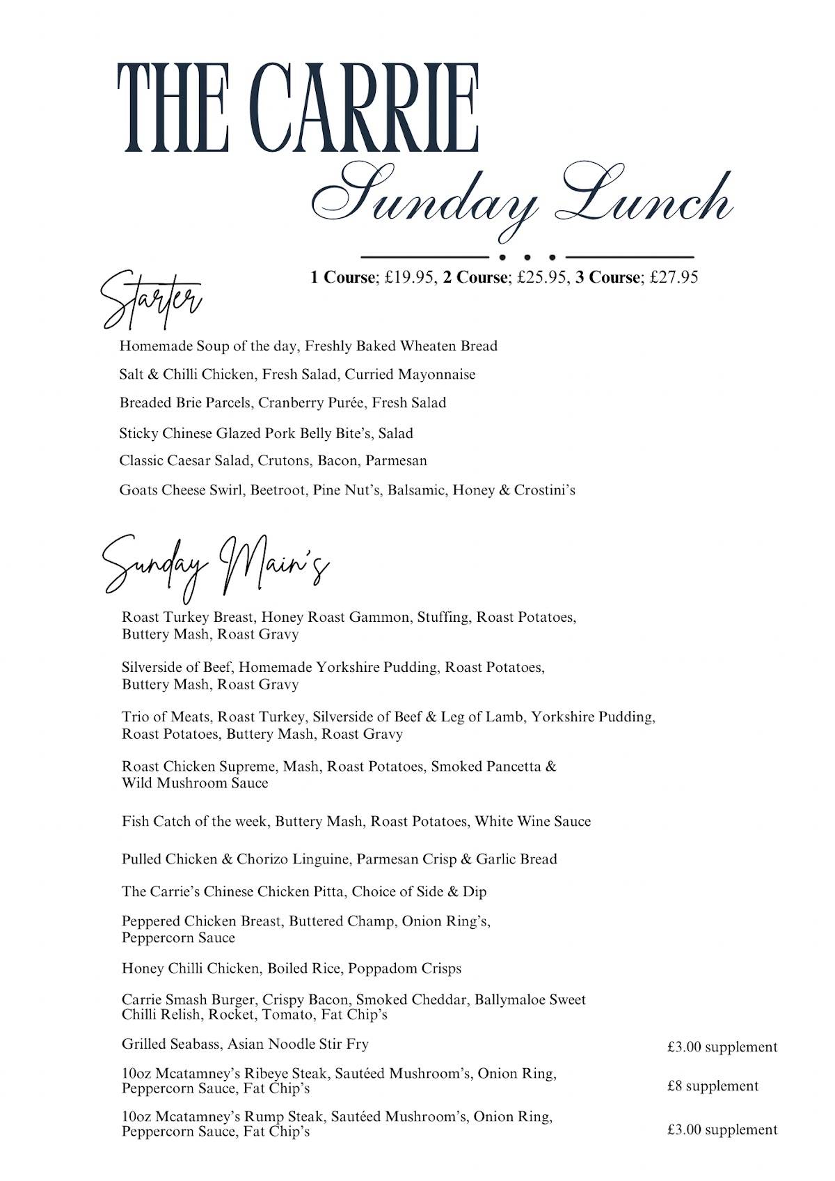 Menu at The Carrie Restaurant, Kells