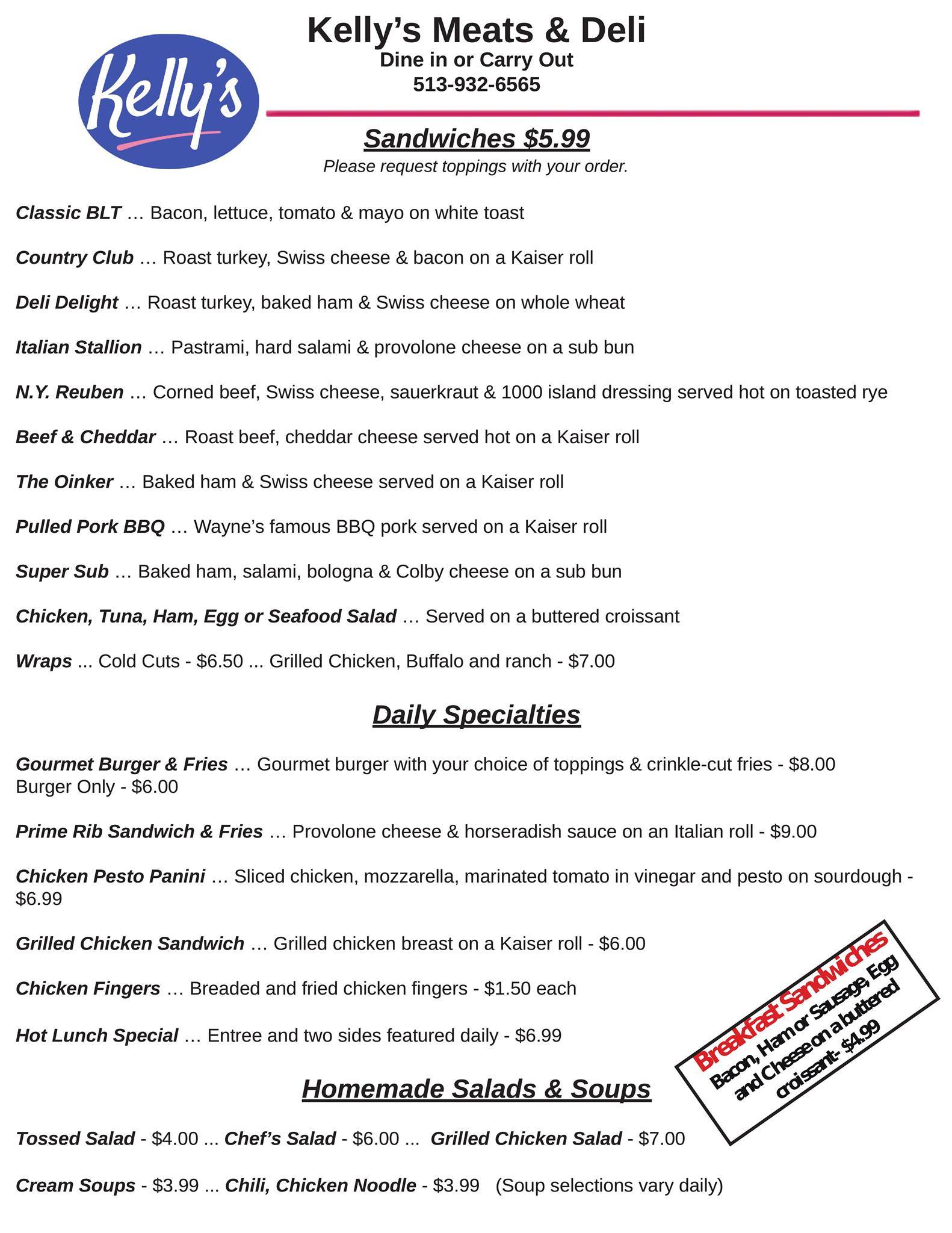 Menu at Kelly's Meats & Deli restaurant, Lebanon, W Main St suite d