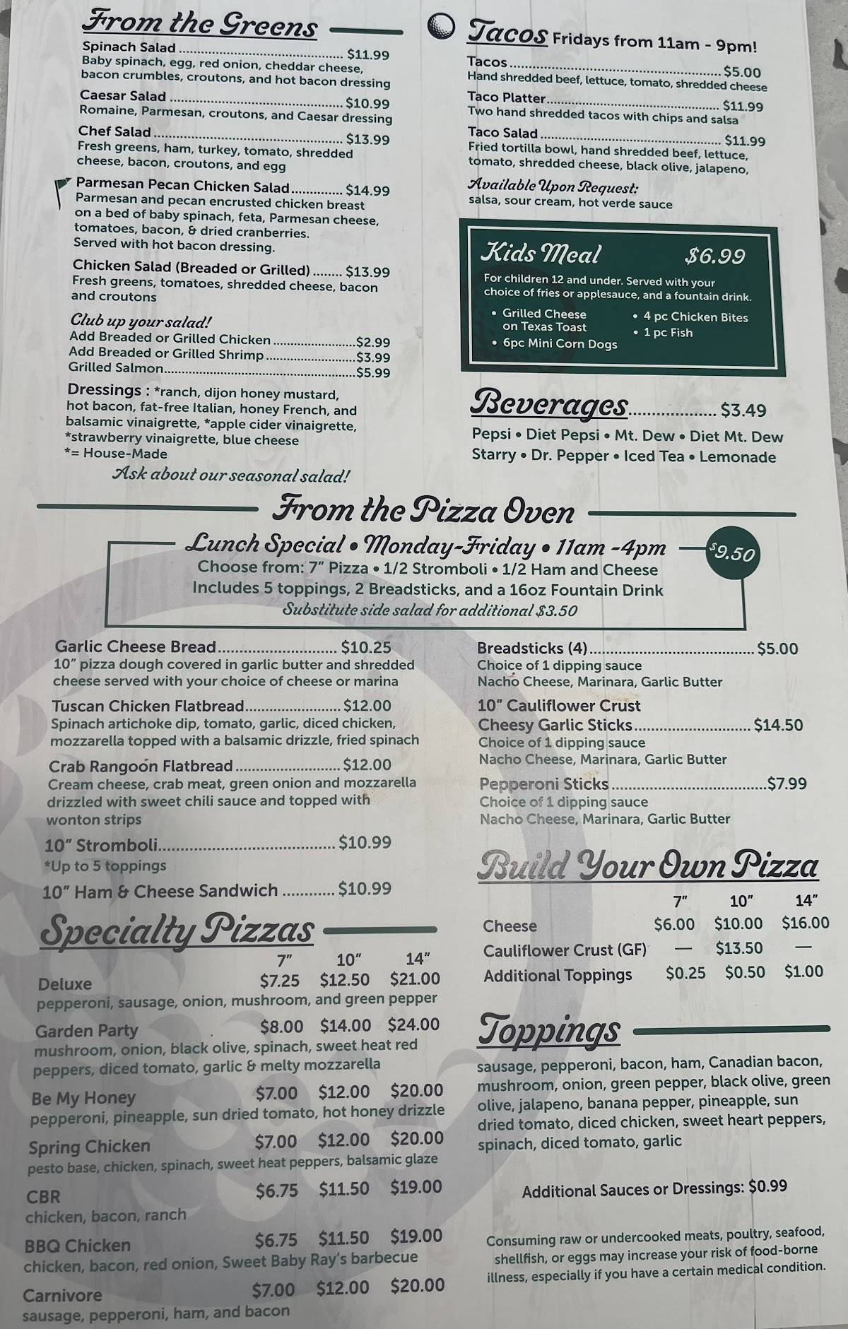 Menu at Kelso's 19th Hole pizzeria, Vincennes