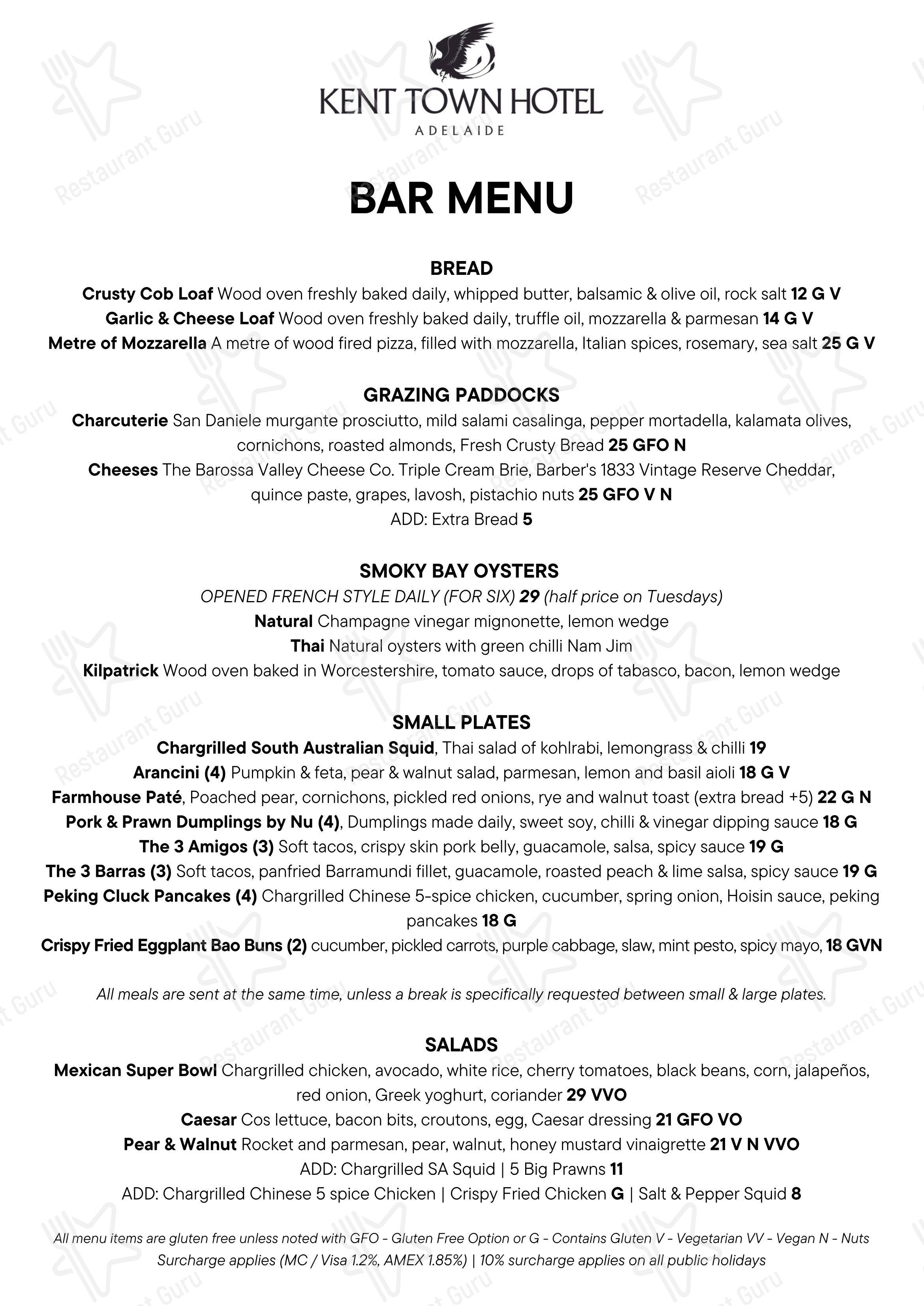 Menu at Kent Town Hotel pub & bar, Kent Town