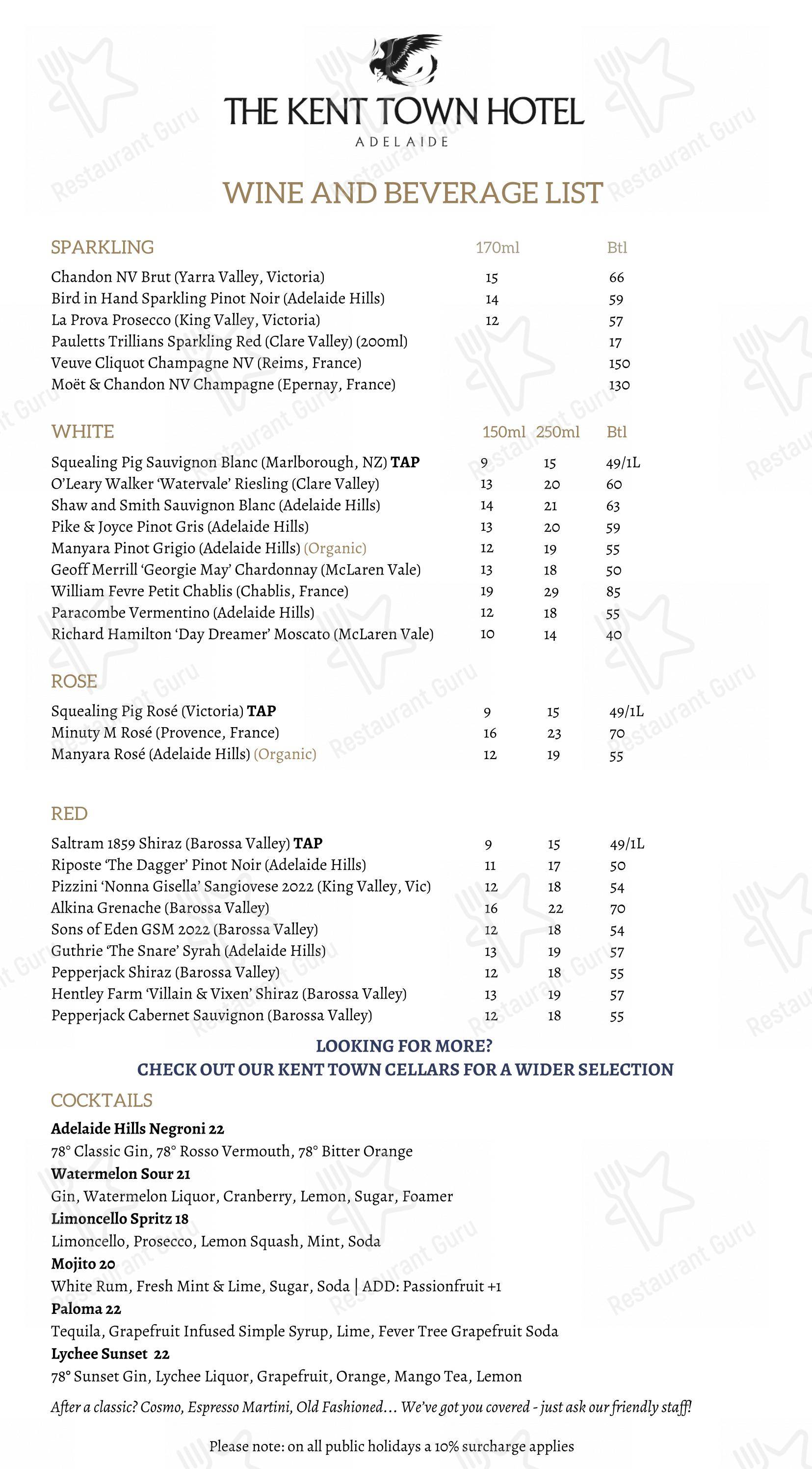 Menu at Kent Town Hotel pub & bar, Kent Town