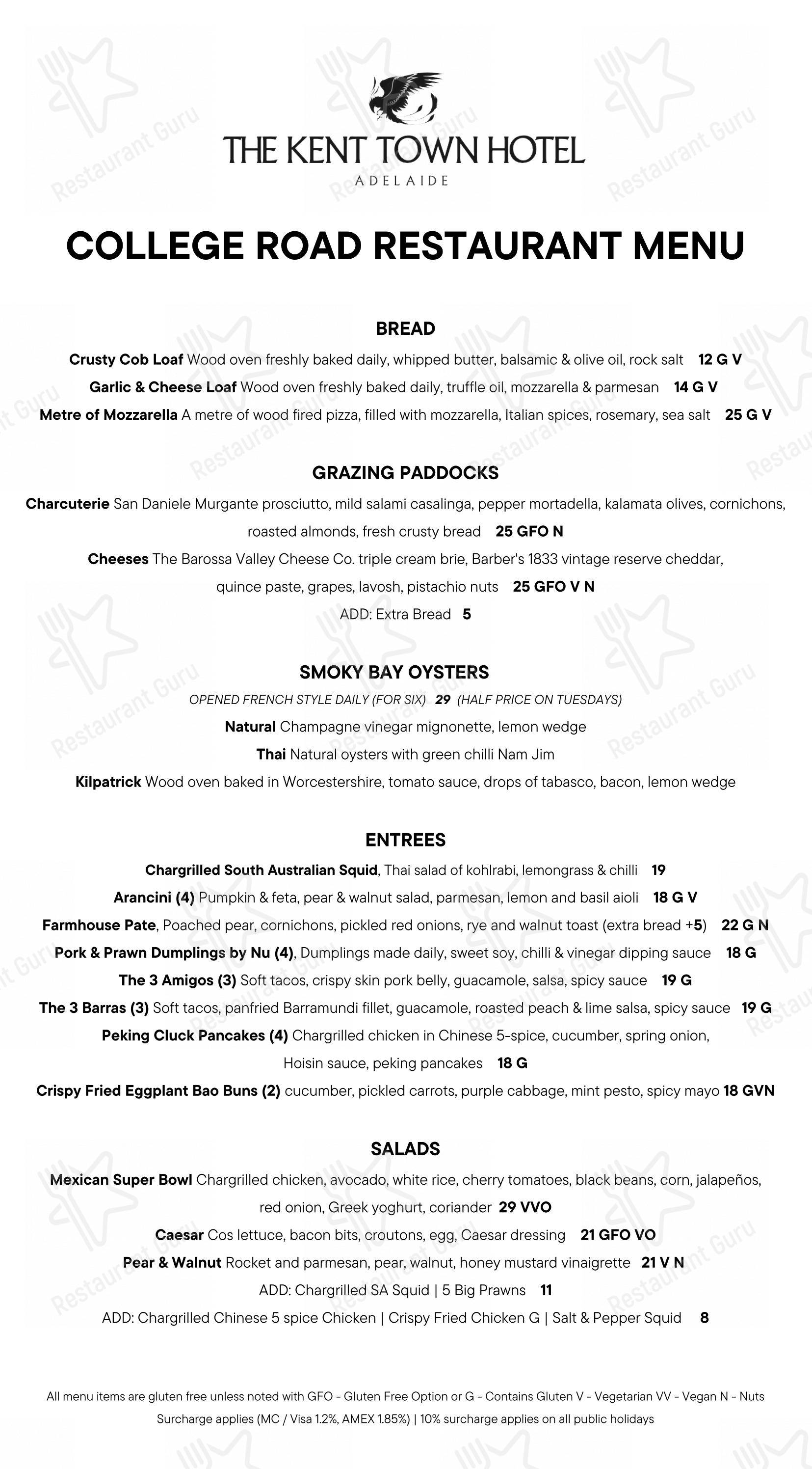 Menu at Kent Town Hotel pub & bar, Kent Town