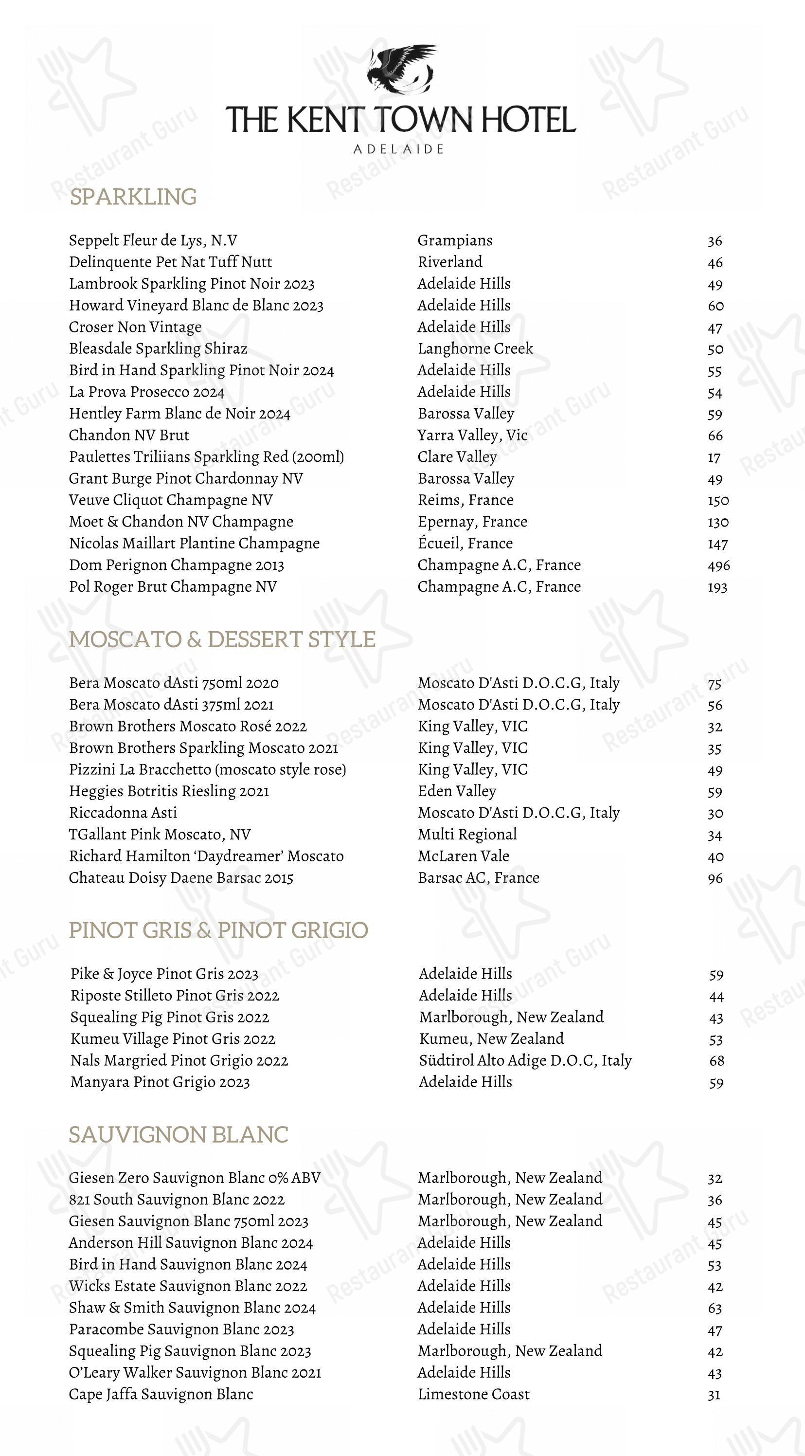 Menu at Kent Town Hotel pub & bar, Kent Town