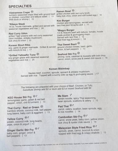 Menu at Keo restaurant, Tulsa, S Peoria Ave