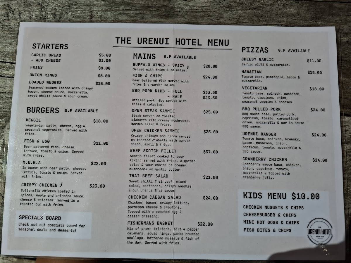 Menu at Kerri’s kai restaurant, Urenui