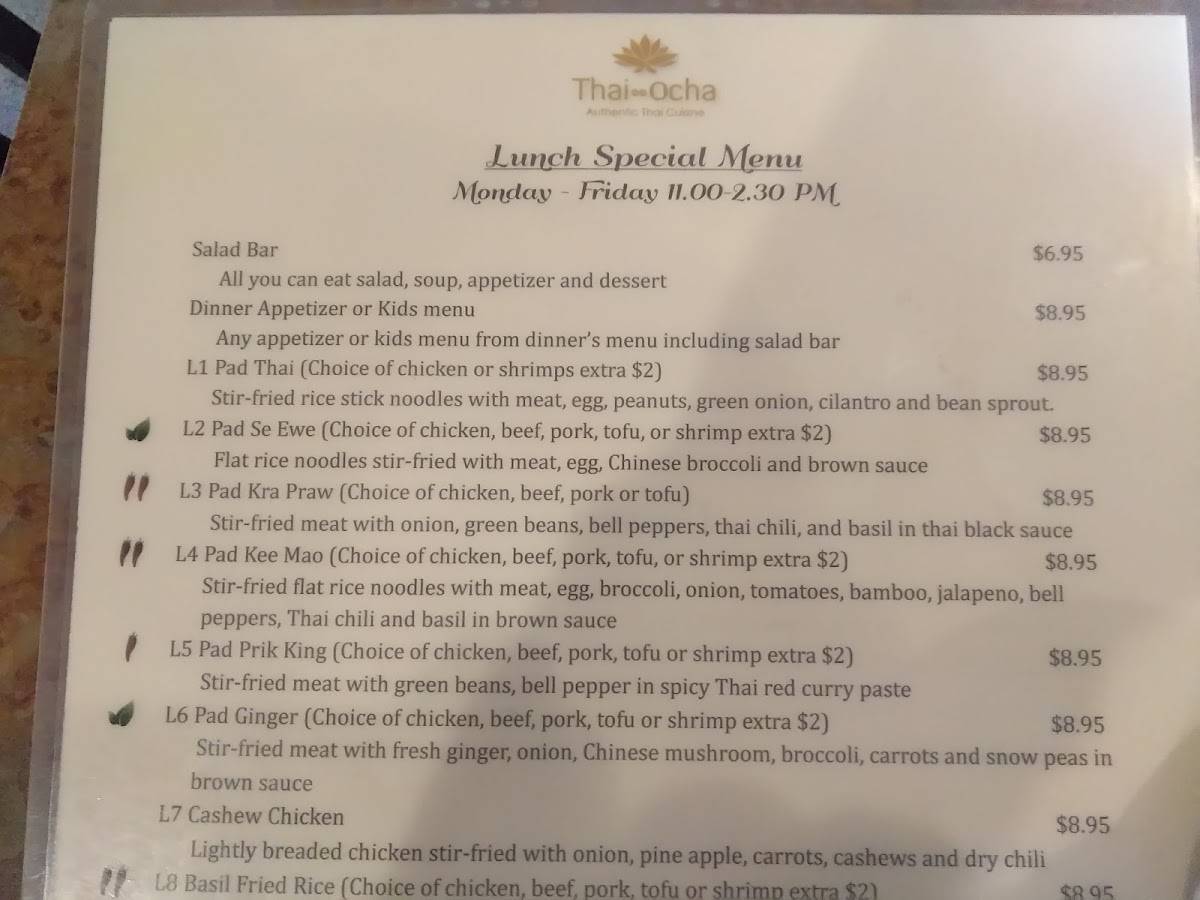 Menu at Thai Ocha restaurant, Kerrville