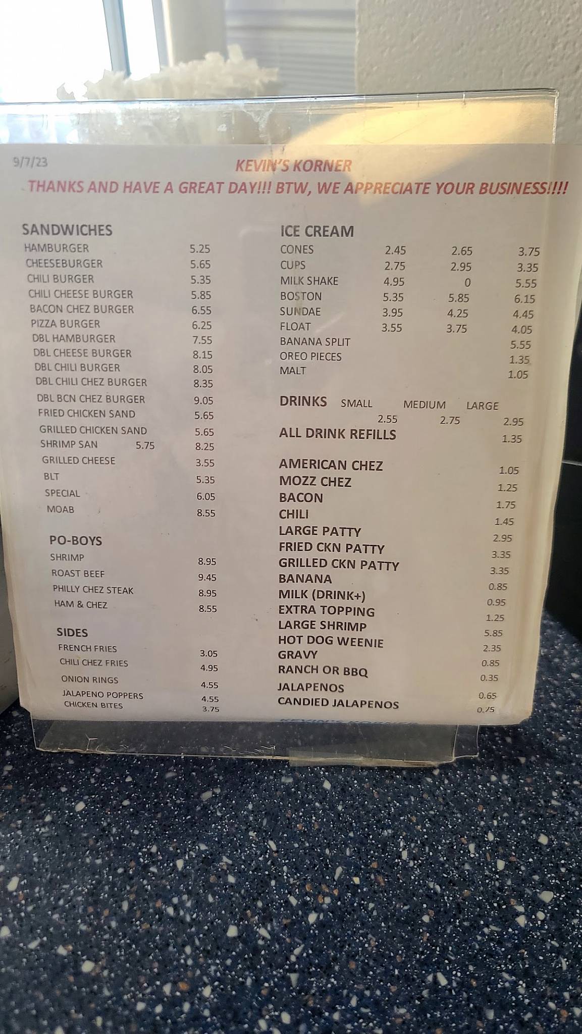 Menu at Kevin's Korner restaurant, Pascagoula