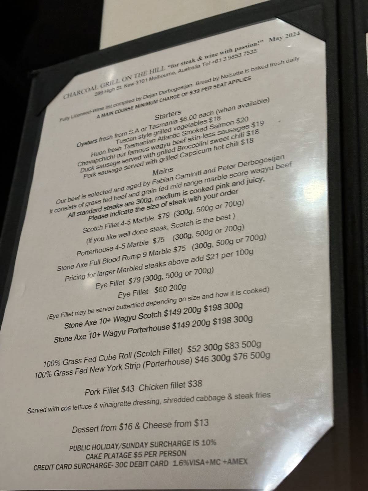 Menu at Charcoal Grill on The Hill steakhouse, Kew
