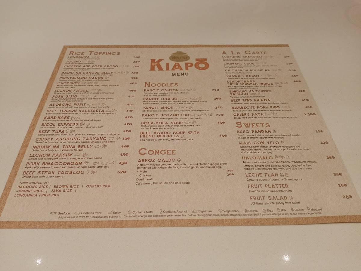 Menu at Kiapo restaurant, Parañaque, Okada Manila