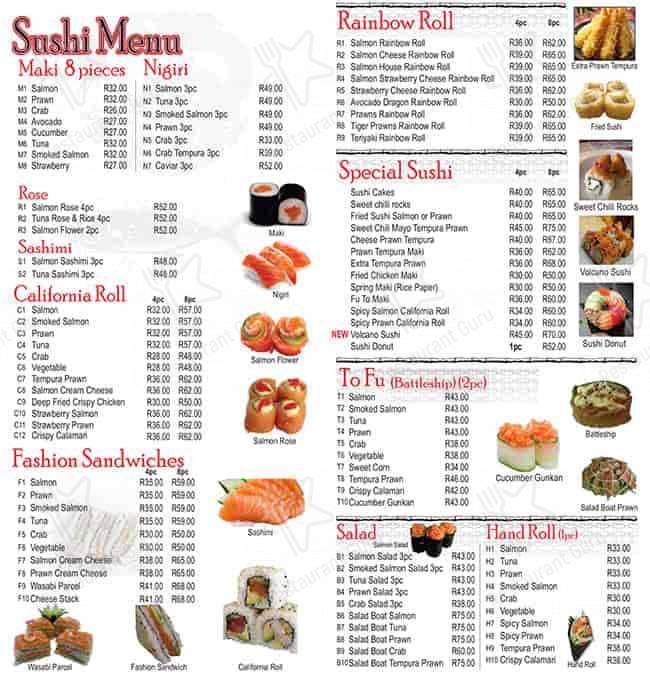 Menu at Kim Bo and Sushi waverley restaurant, Pretoria