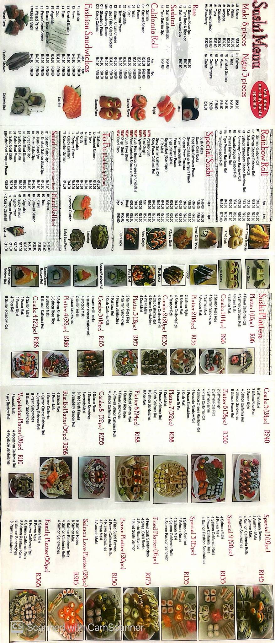 Menu at Kim Bo and Sushi waverley restaurant, Pretoria