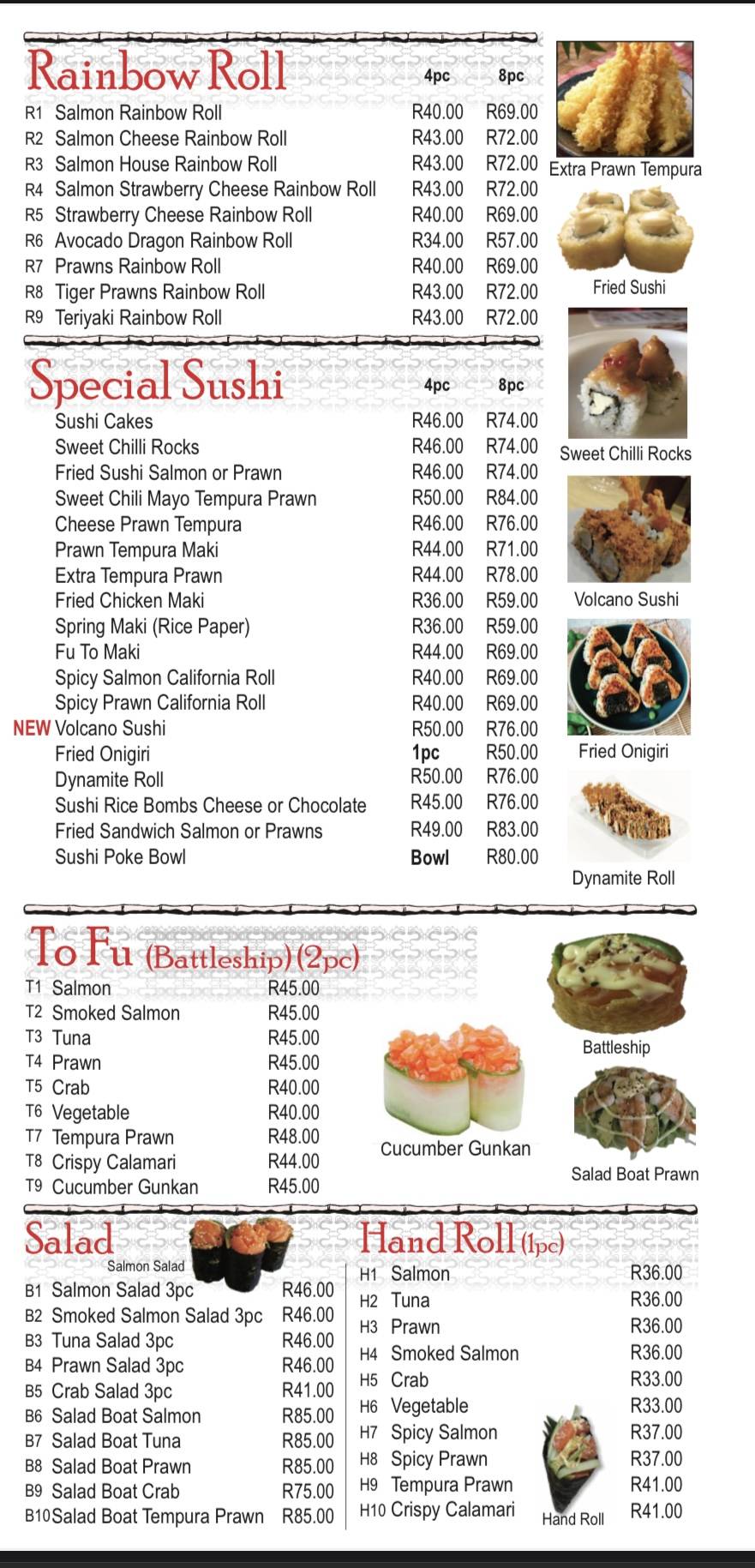 Menu at Kim Bo and Sushi waverley restaurant, Pretoria