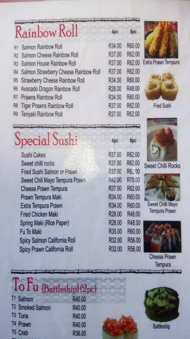 Menu at Kim Bo and Sushi waverley restaurant, Pretoria