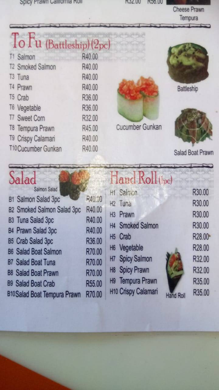 Menu at Kim Bo and Sushi waverley restaurant, Pretoria