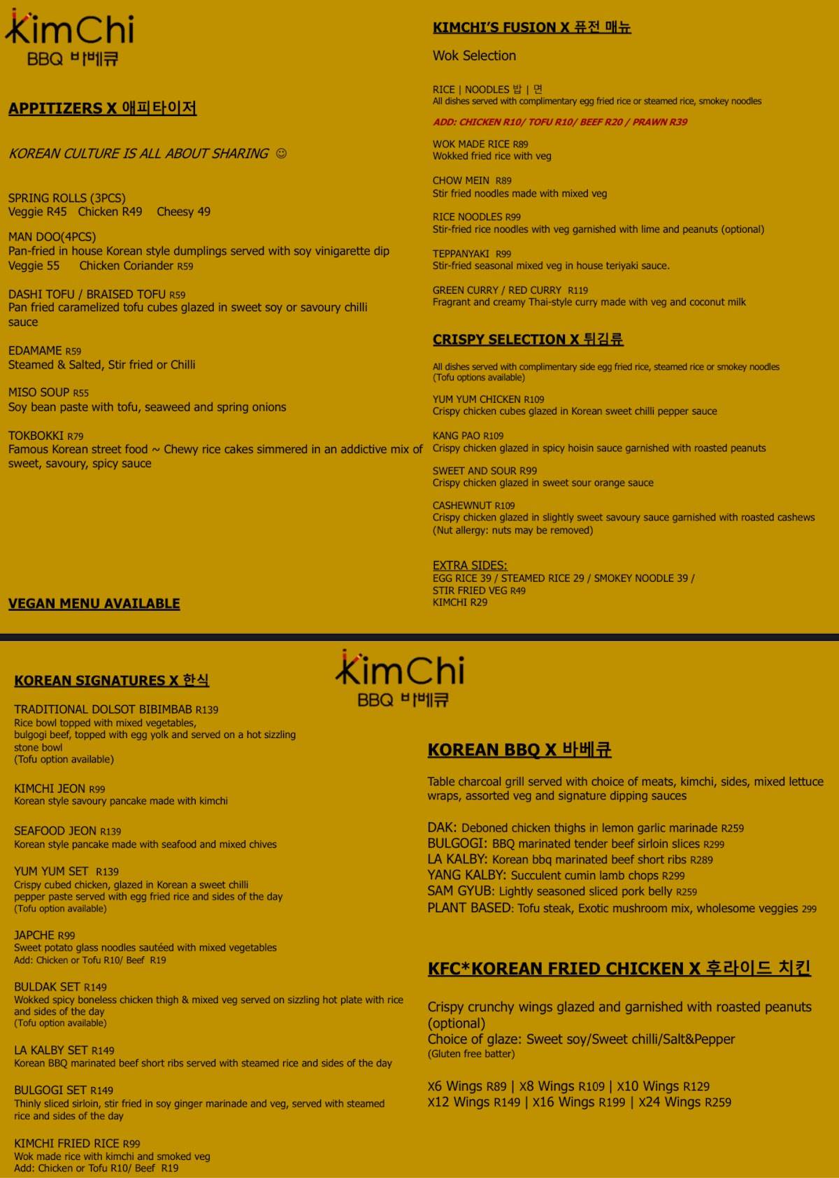 Menu at Kimchi BBQ Restaurant Sea Point, Cape Town