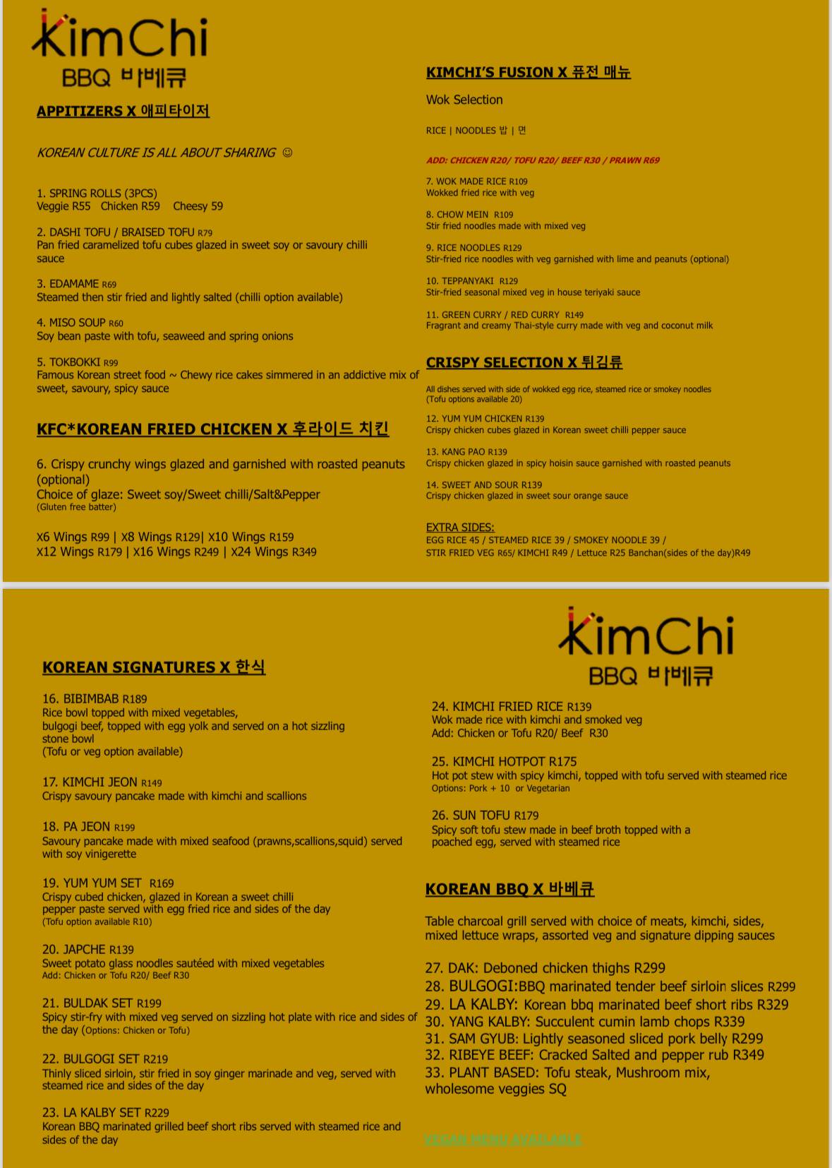 Menu at Kimchi BBQ Restaurant Sea Point, Cape Town
