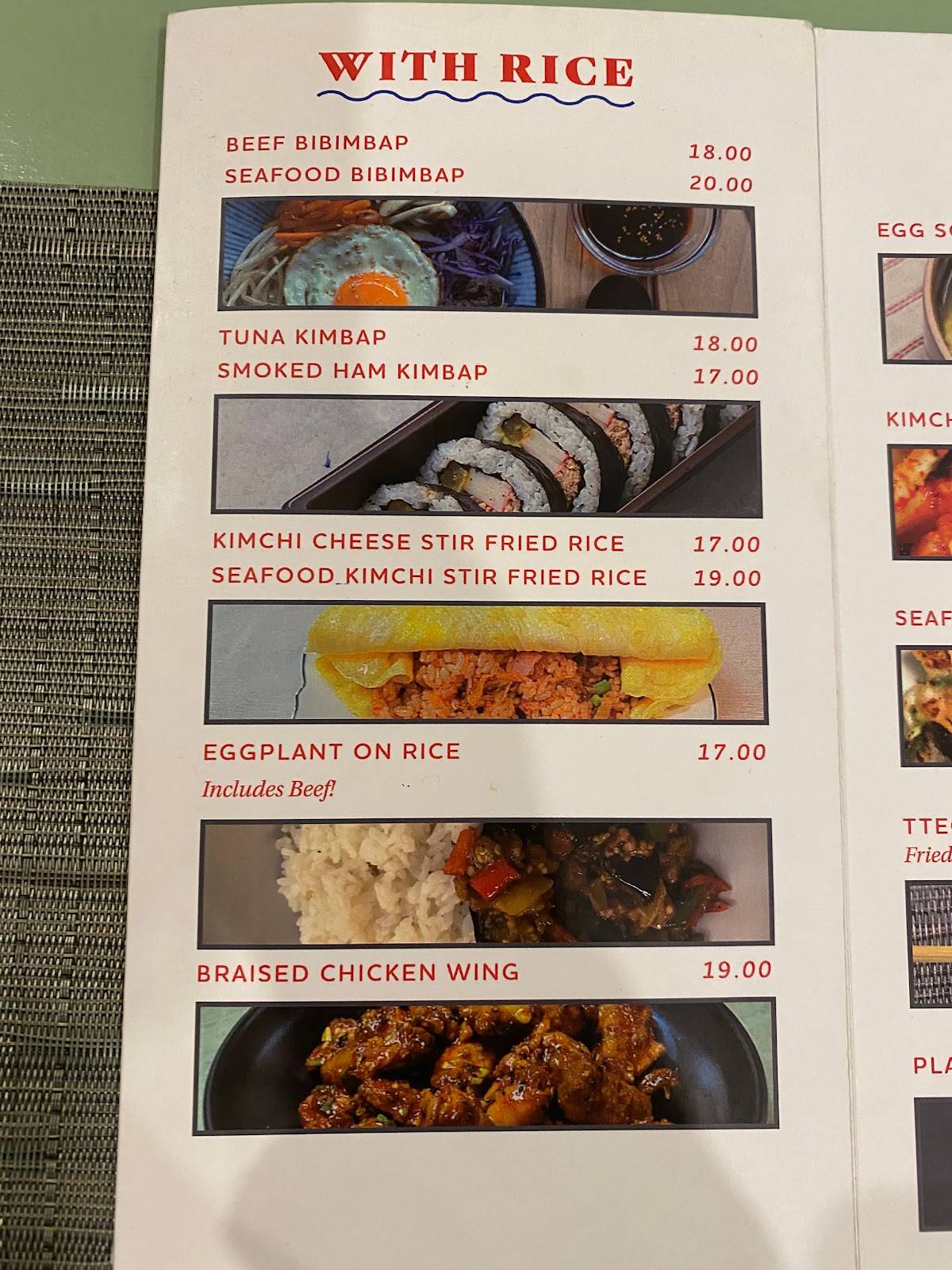 Menu at Kim’s Table restaurant, Tunis