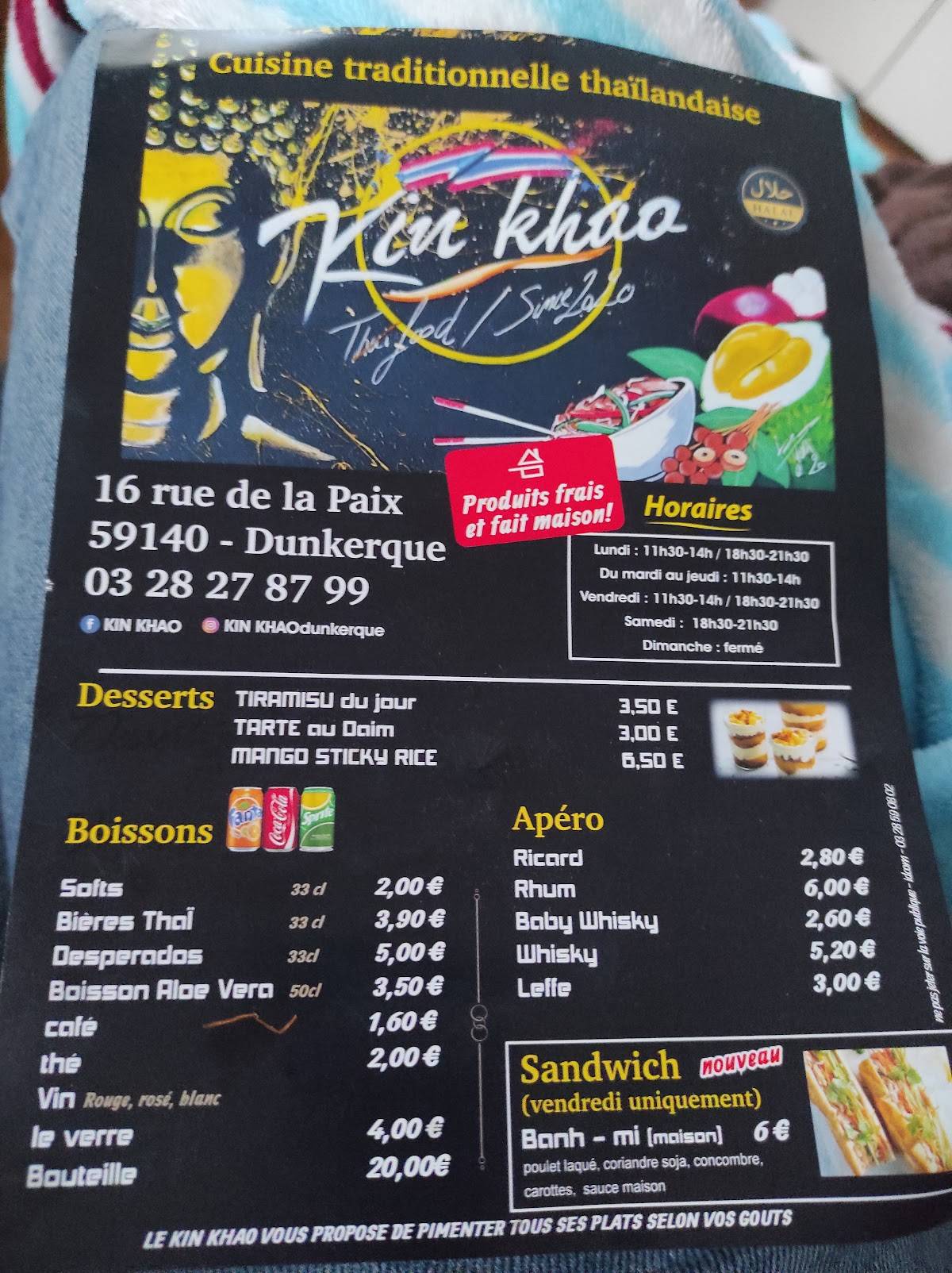 Menu au Kin Khao restaurant, Dunkerque