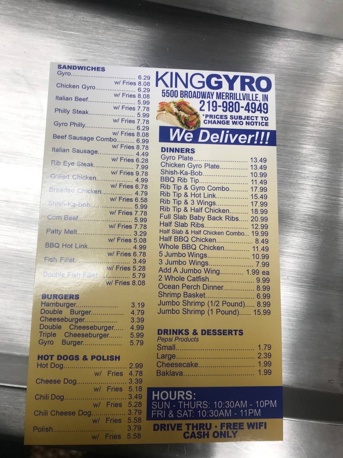 Menu at King Gyro Merrillville restaurant, Merrillville