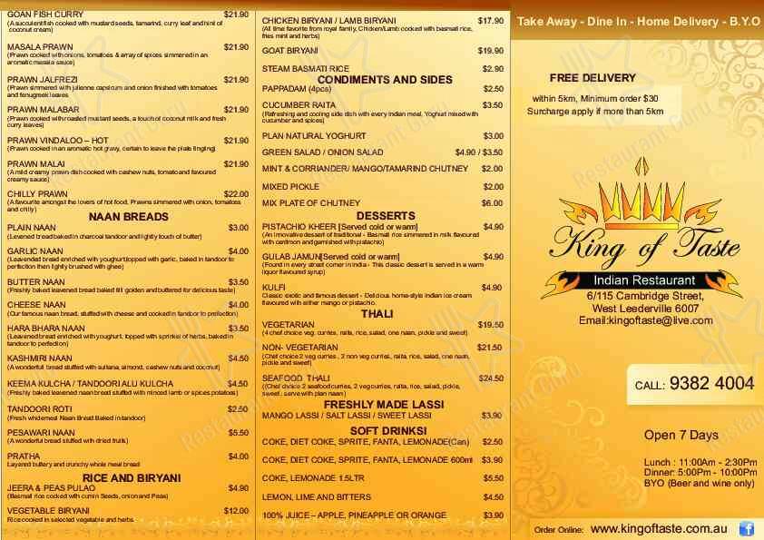 Menu at King Of Taste restaurant, West Leederville