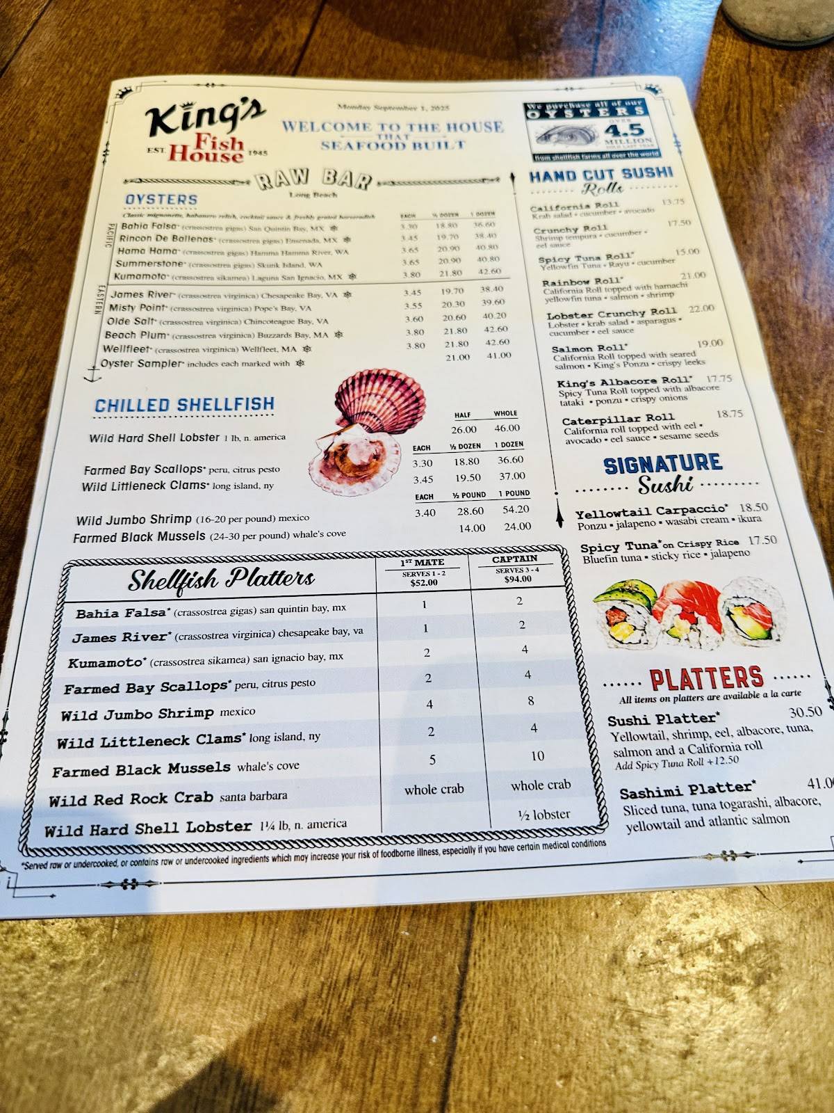Menu at King's Fish House restaurant, Long Beach