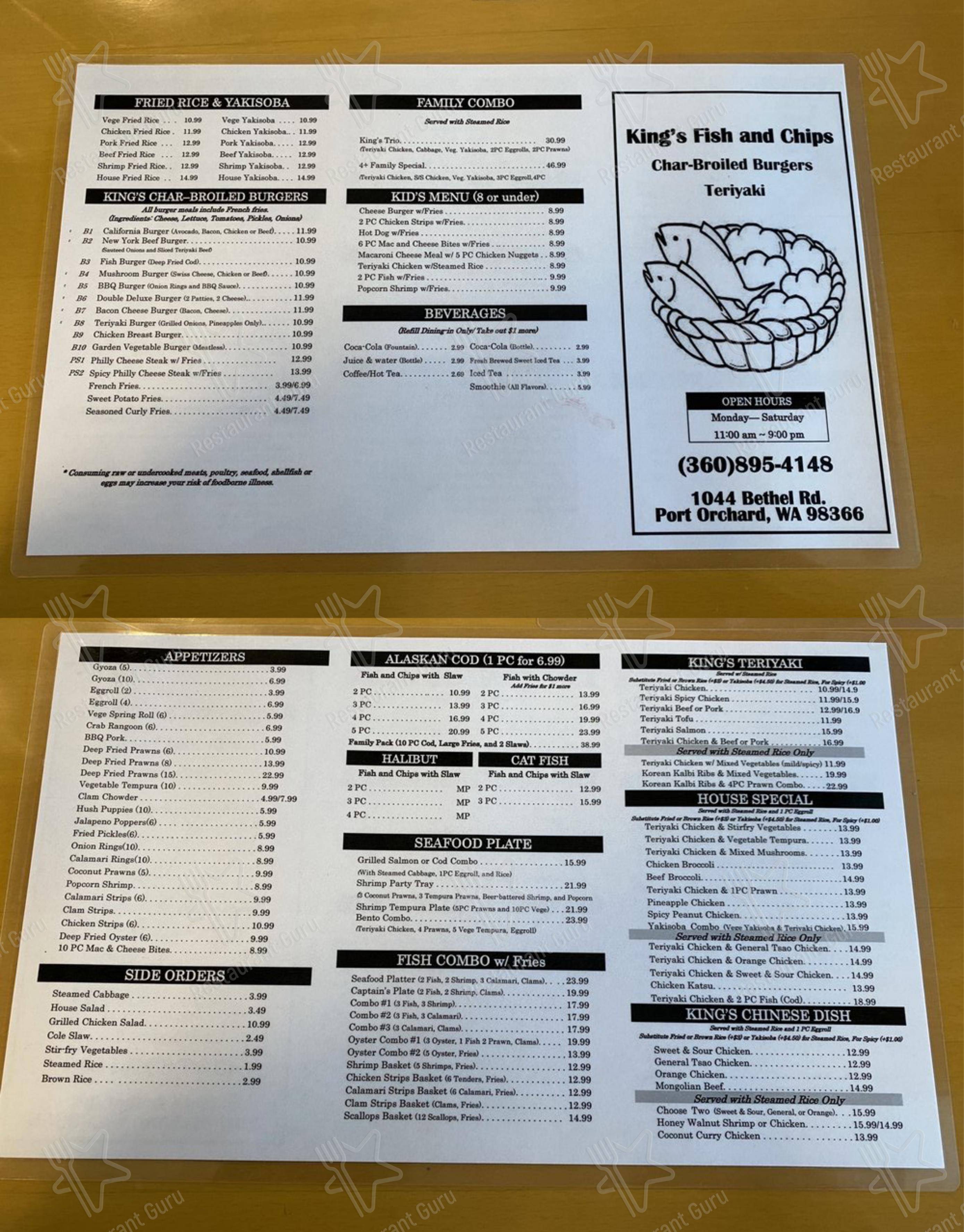 Menu at King's Fish & Chips restaurant, Port Orchard